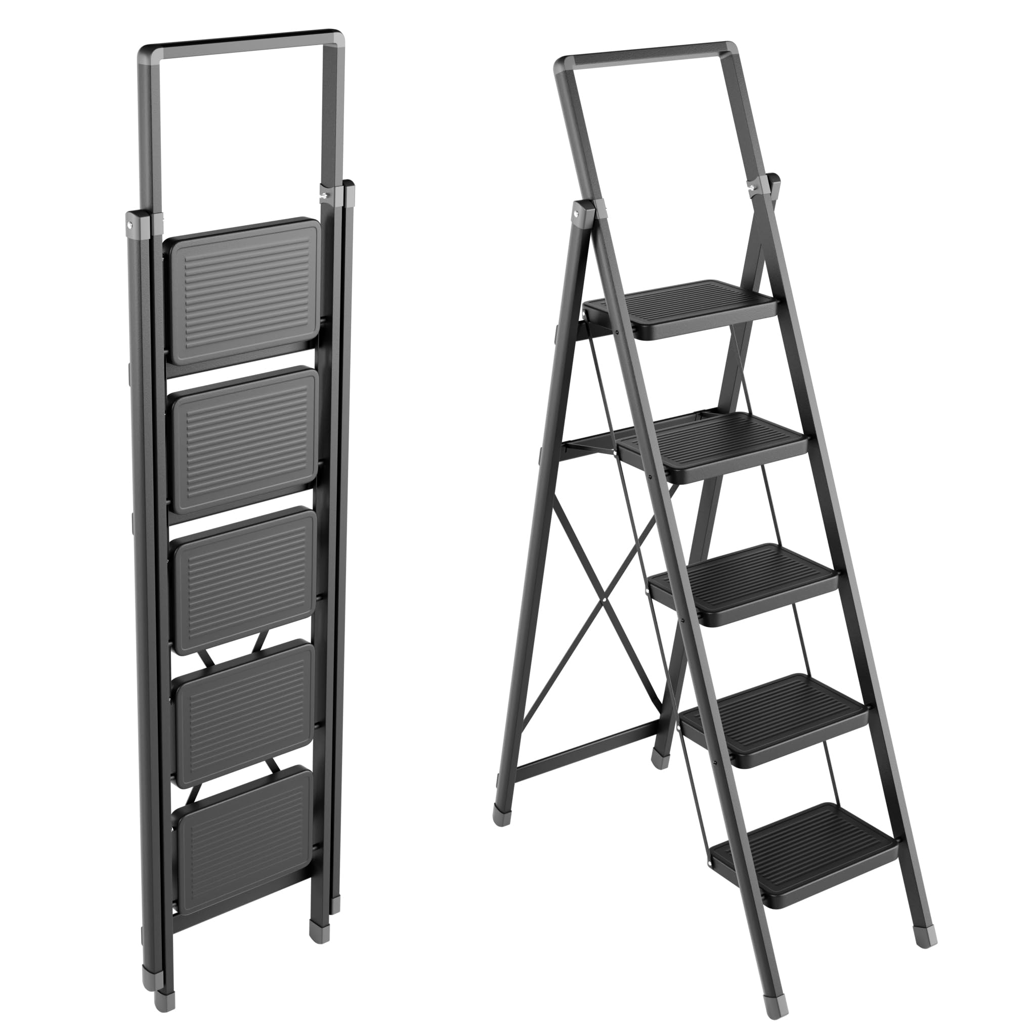 5 Step Ladder, Folding Step Stool with Wide Anti-Slip Pedal, Sturdy ...