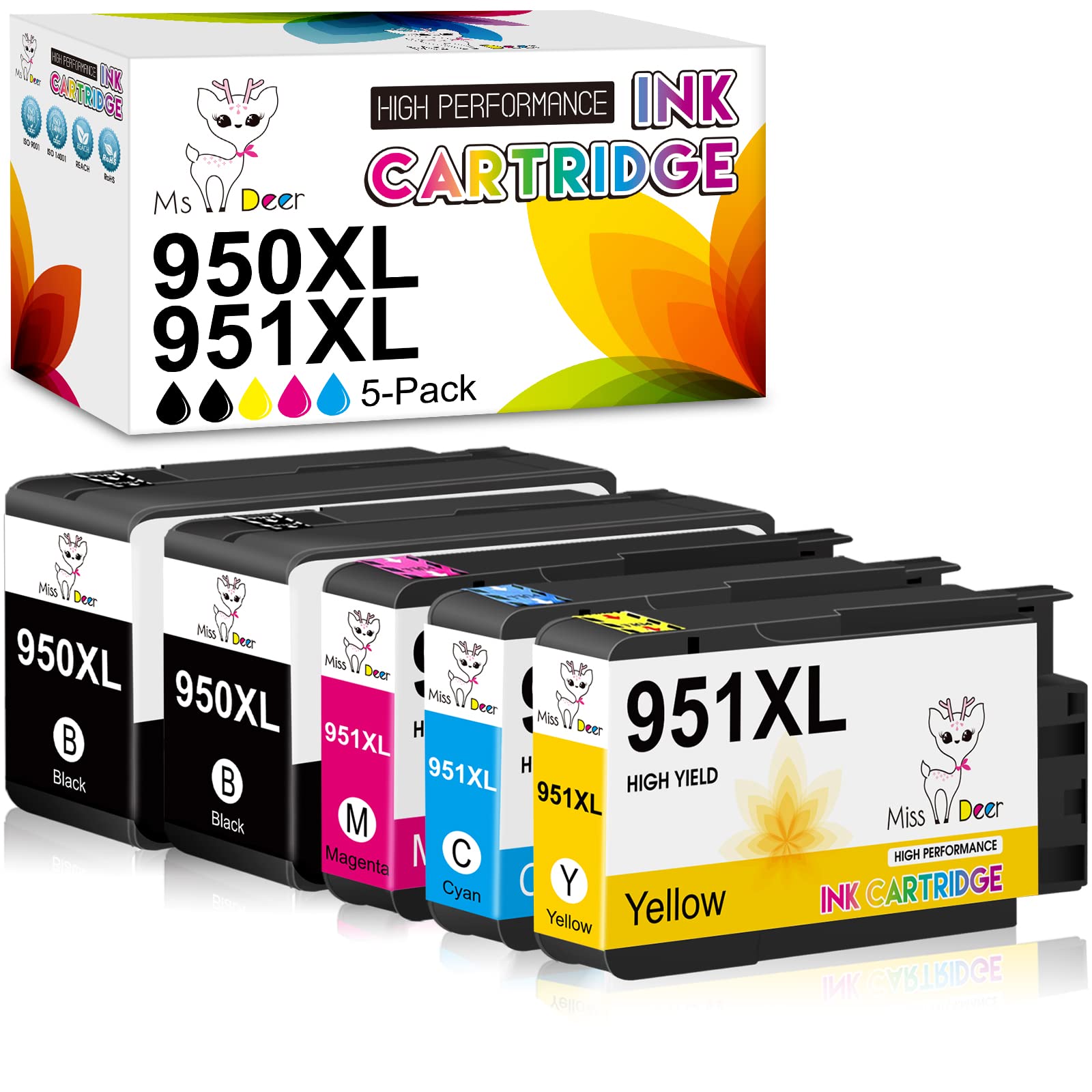 Miss Deer 950 951 Ink Cartridges Combo Pack 5-Pack XL, Compatible Replacement for HP 950XL 951XL ...