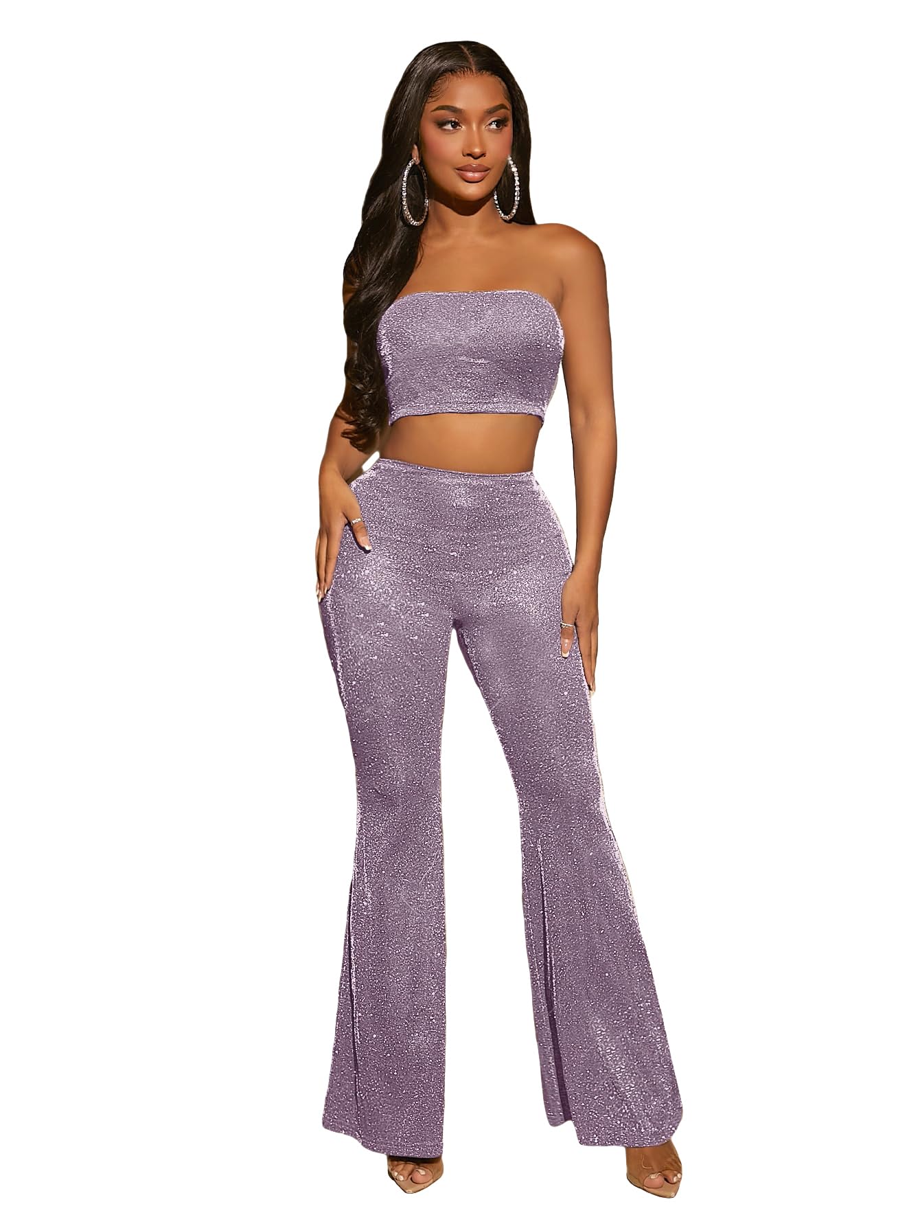 WDIRARA Women's Sparkly Two Piece Set Disco Glitter Outfits Tube Top ...