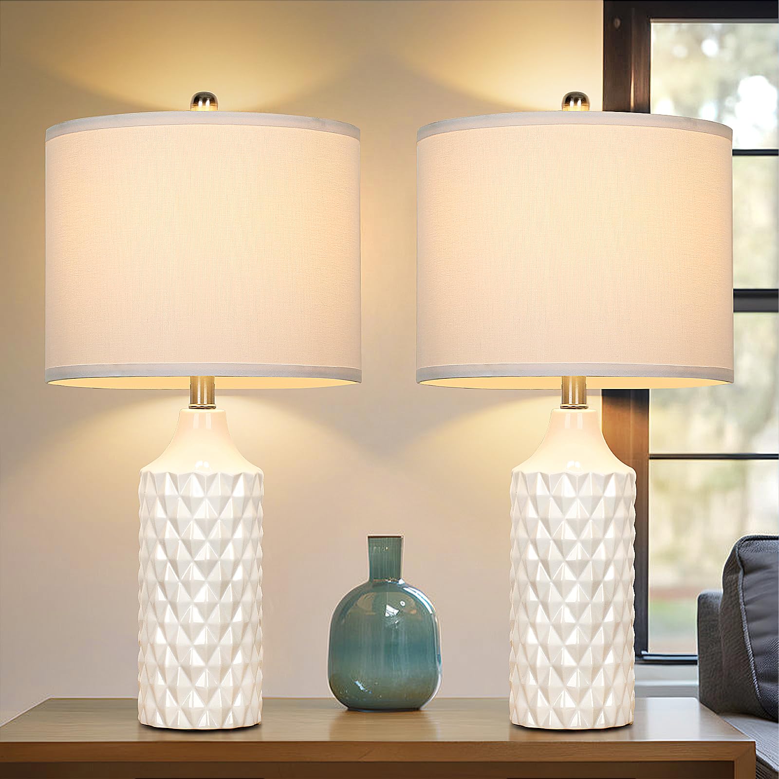Ceramic Table Lamps Set of 2, White Modern Bedside Lamp 25" Nightstand ...