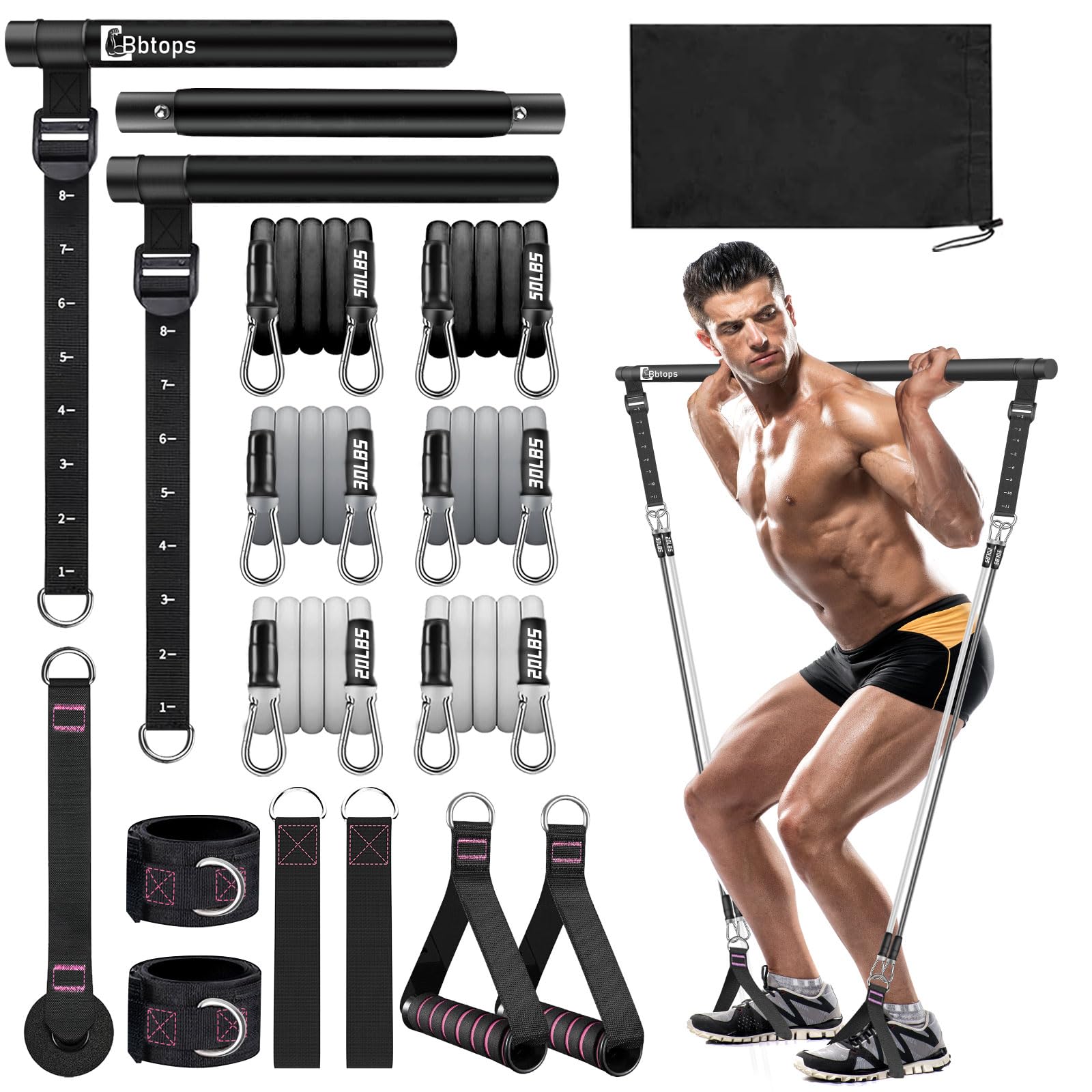 Pilates Bar Kit with Resistance Bands(4 x Bands),3-Section Pilates Bar ...