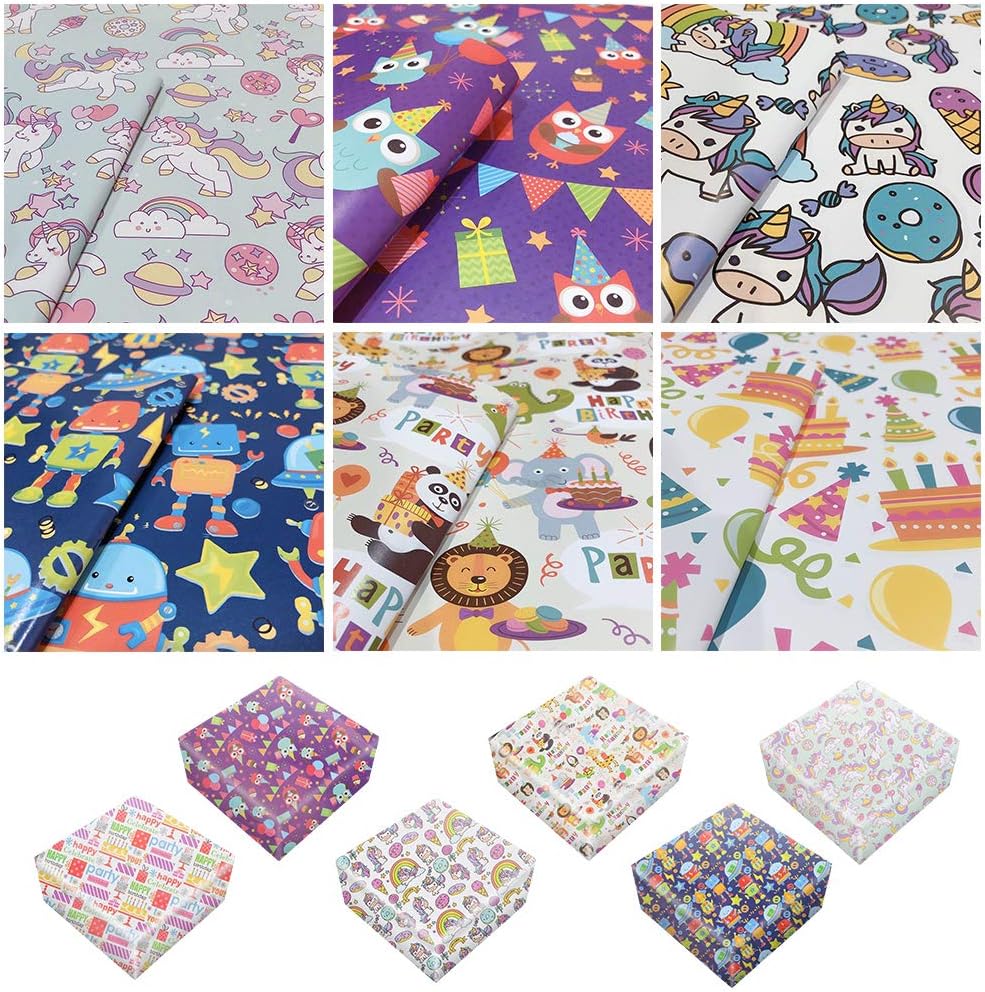 12 x Birthday Wrapping Paper, Gift Wrapping Paper with Cute Cartoon ...
