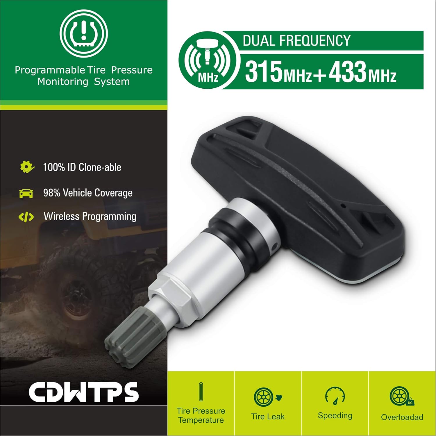 CDWTPS 2 IN 1Tyre Pressure Sensor, 315MHz + 433MHz Double Frequency Programmable TPMS Sensor,100 ...