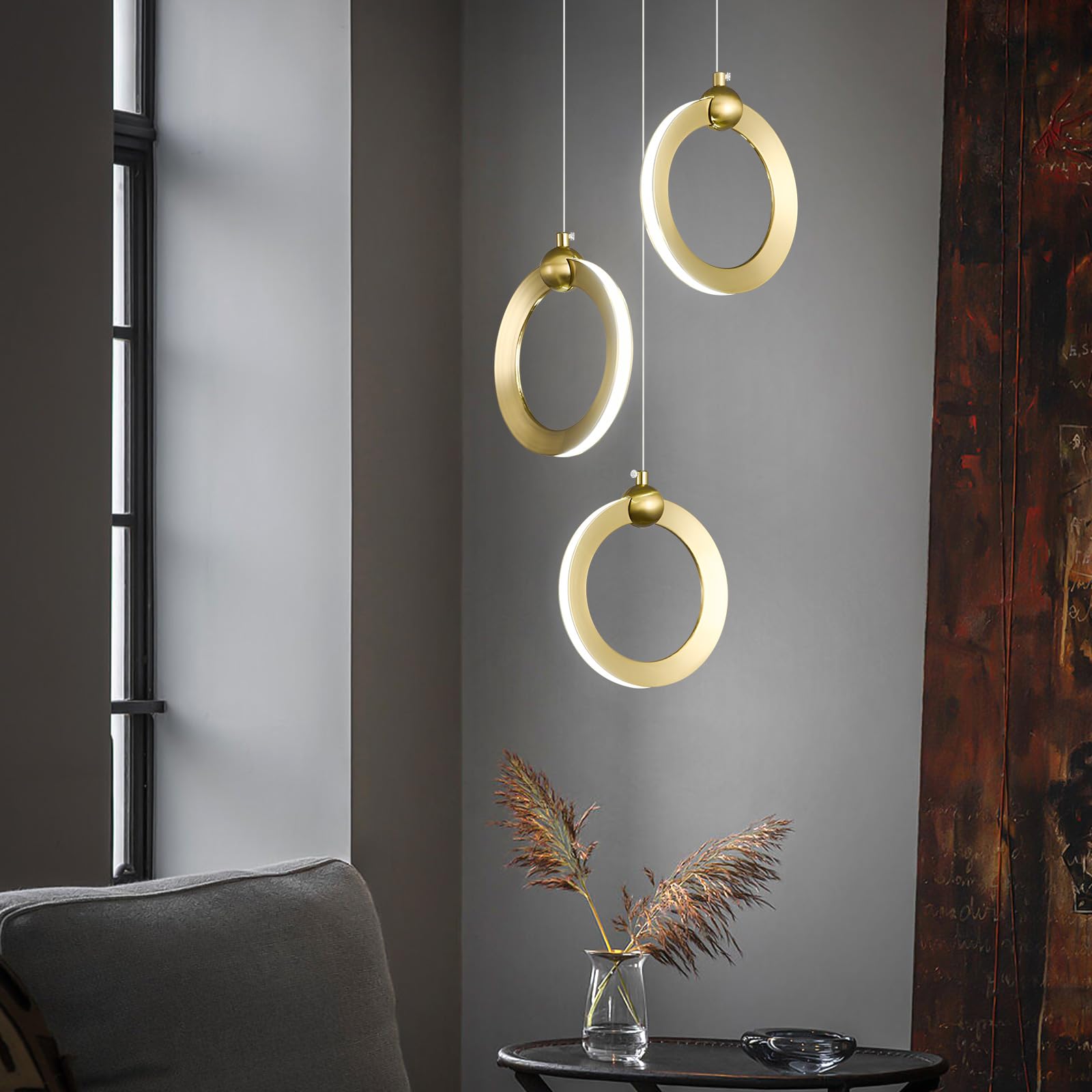 FDPBY 3 Ring Gold Pendant Light Modern LED Chandeliers Dimmable 18W ...