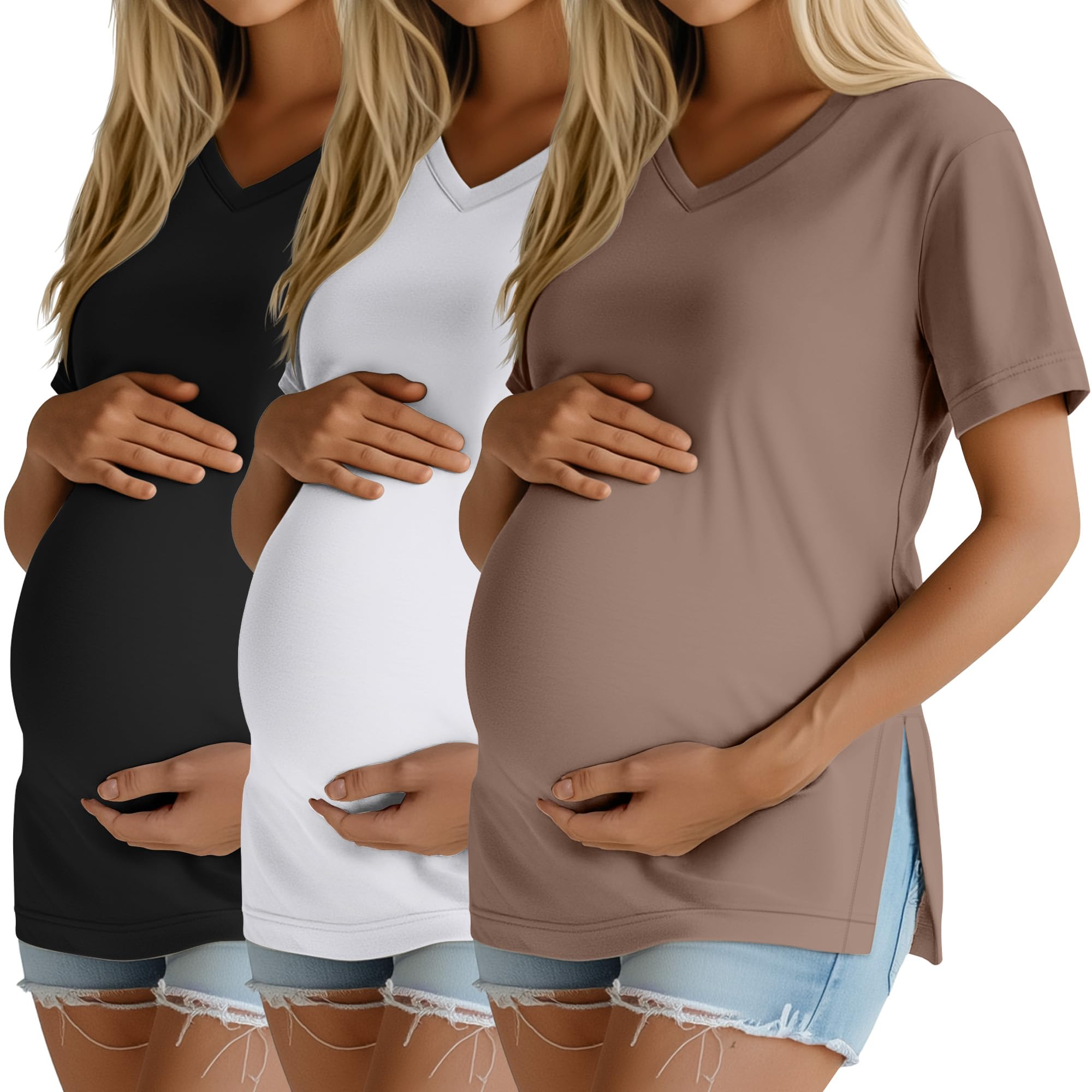 Ficerd 3 Pack Women's Maternity Shirts, Short Sleeve Cotton Pregnancy Tops Casual Split Side ...