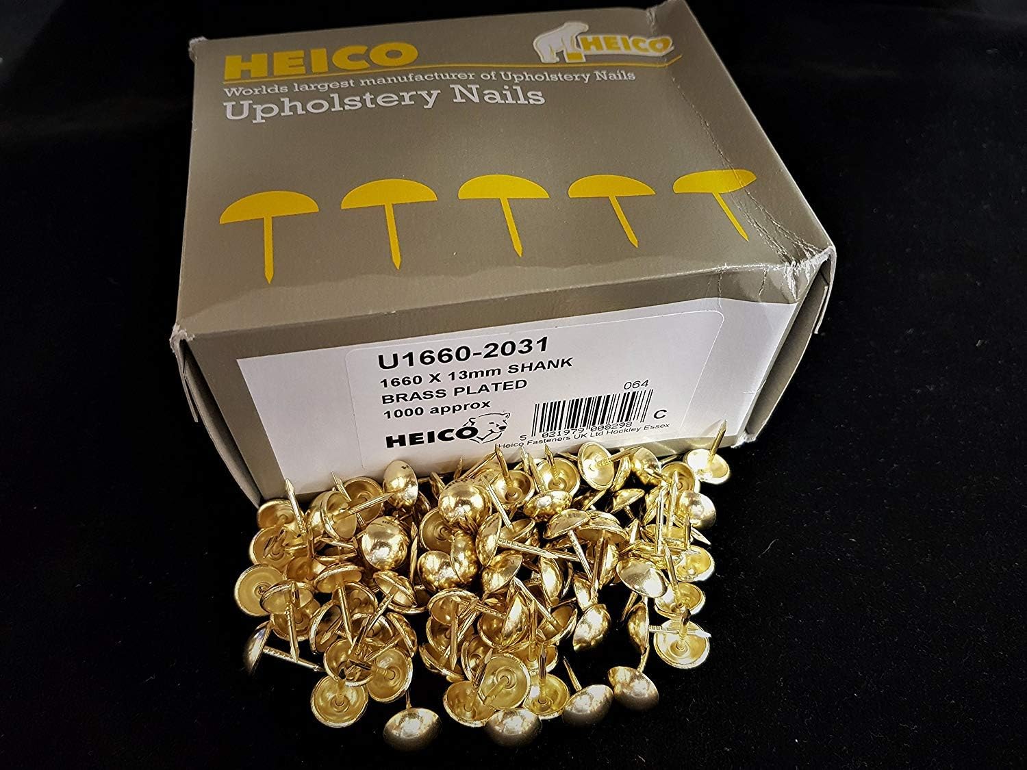 1000 brass plated upholstery nails GENUINE HEICO IN BRANDED BOX 1 cm ...