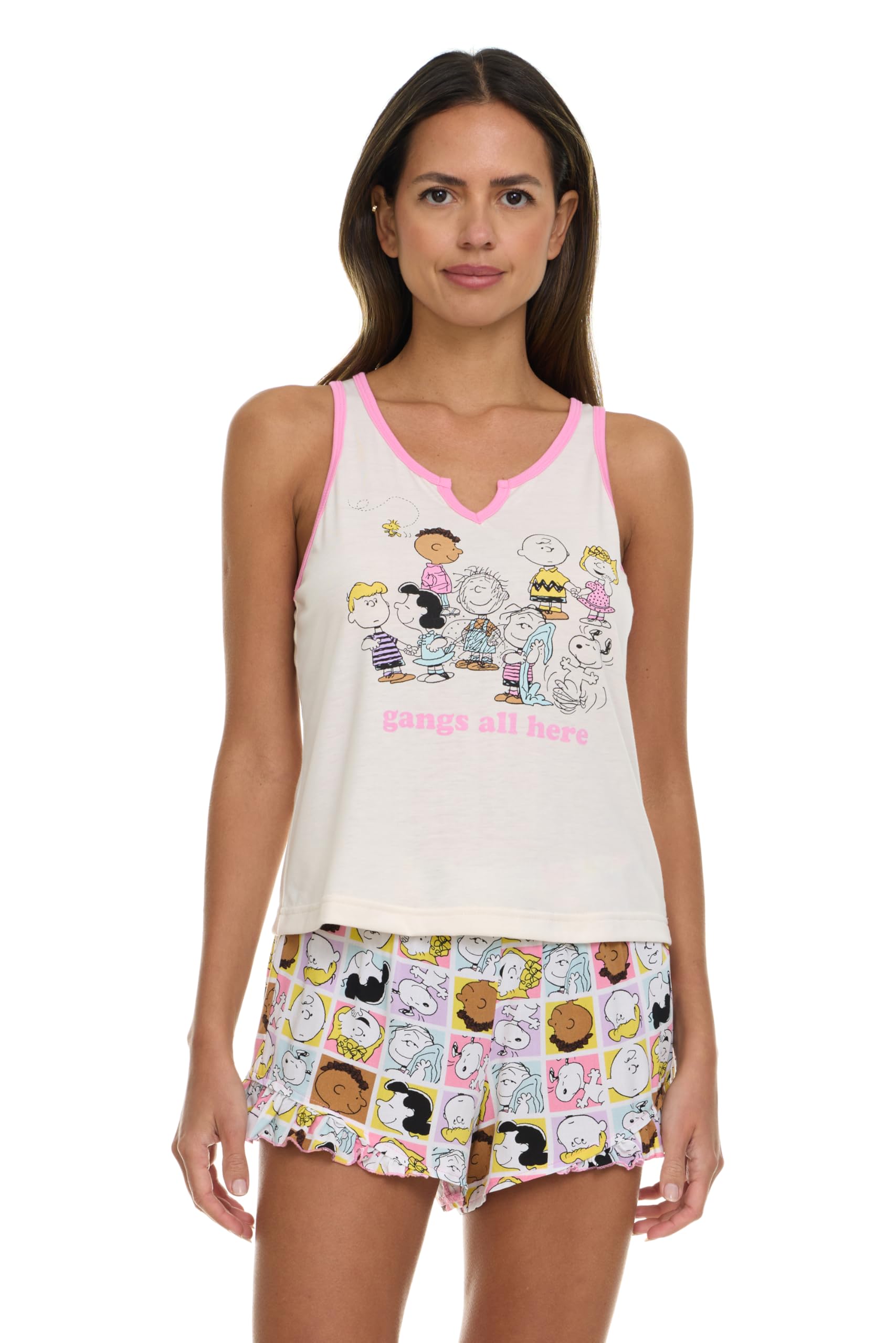COCO BRANDS Peanuts Women’s Pajama Set, Pajama Shorts & Henley Tank Top Set, Cream/Gangs All ...