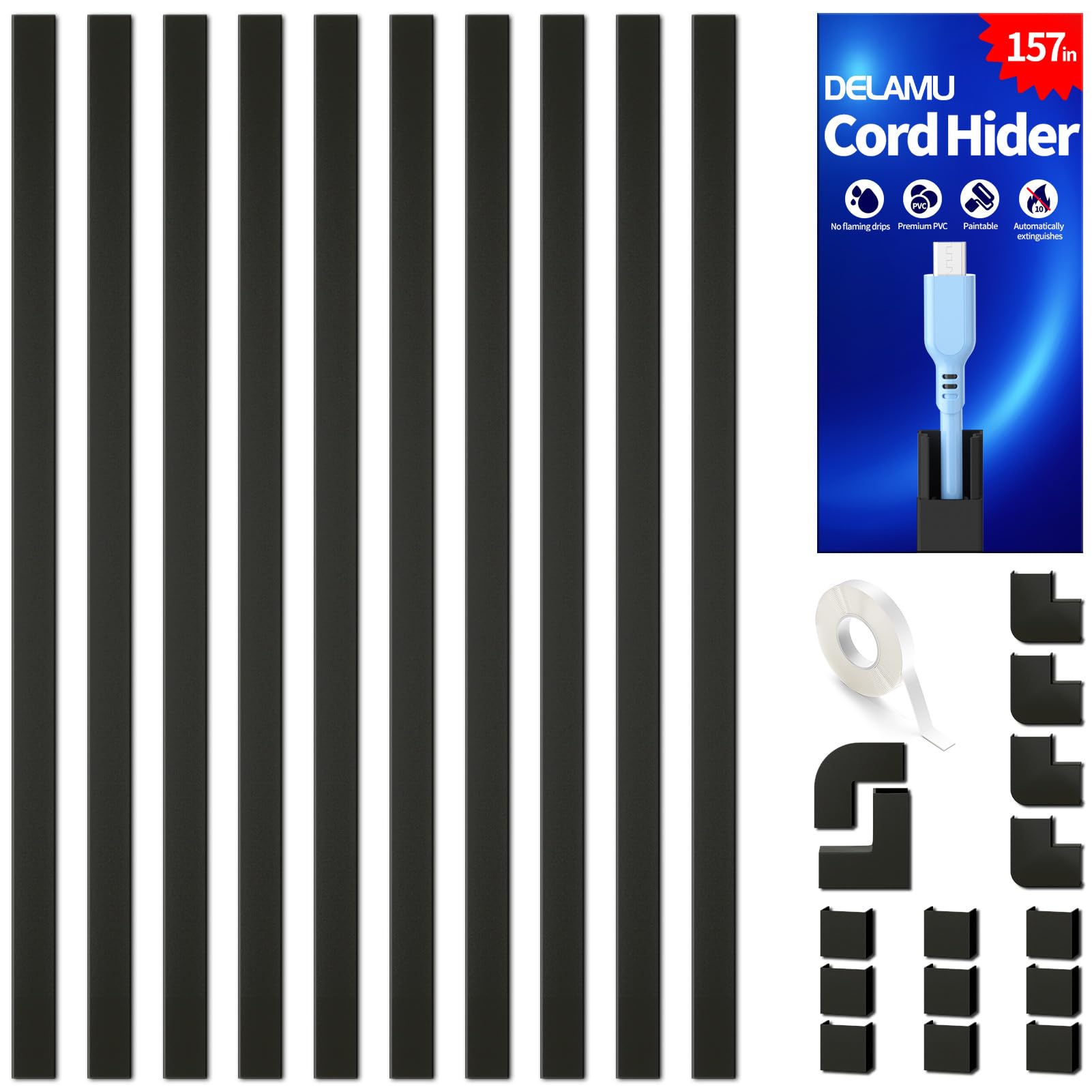 Delamu 157in Cord Covers for Wires on Wall, Cord Hider for 1 Cord ...