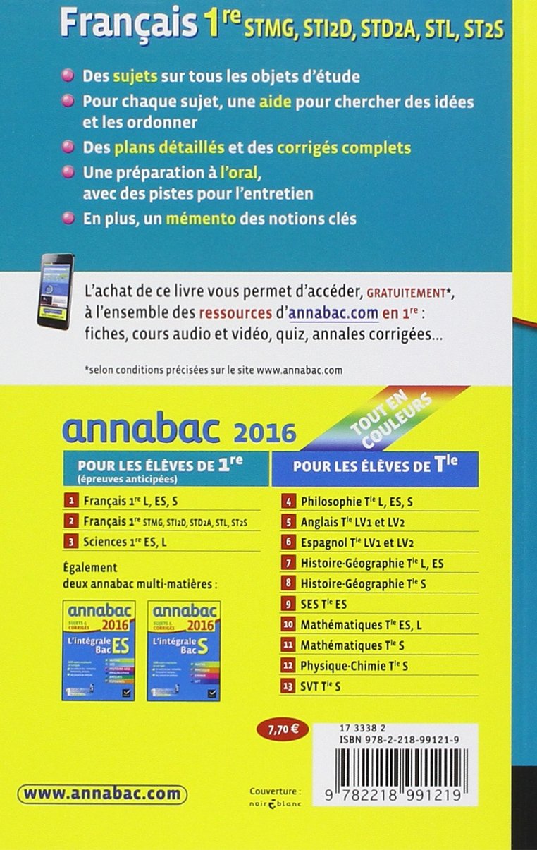 Annales Annabac 2016 Français 1re STMG, STI2D, STD2A, STL