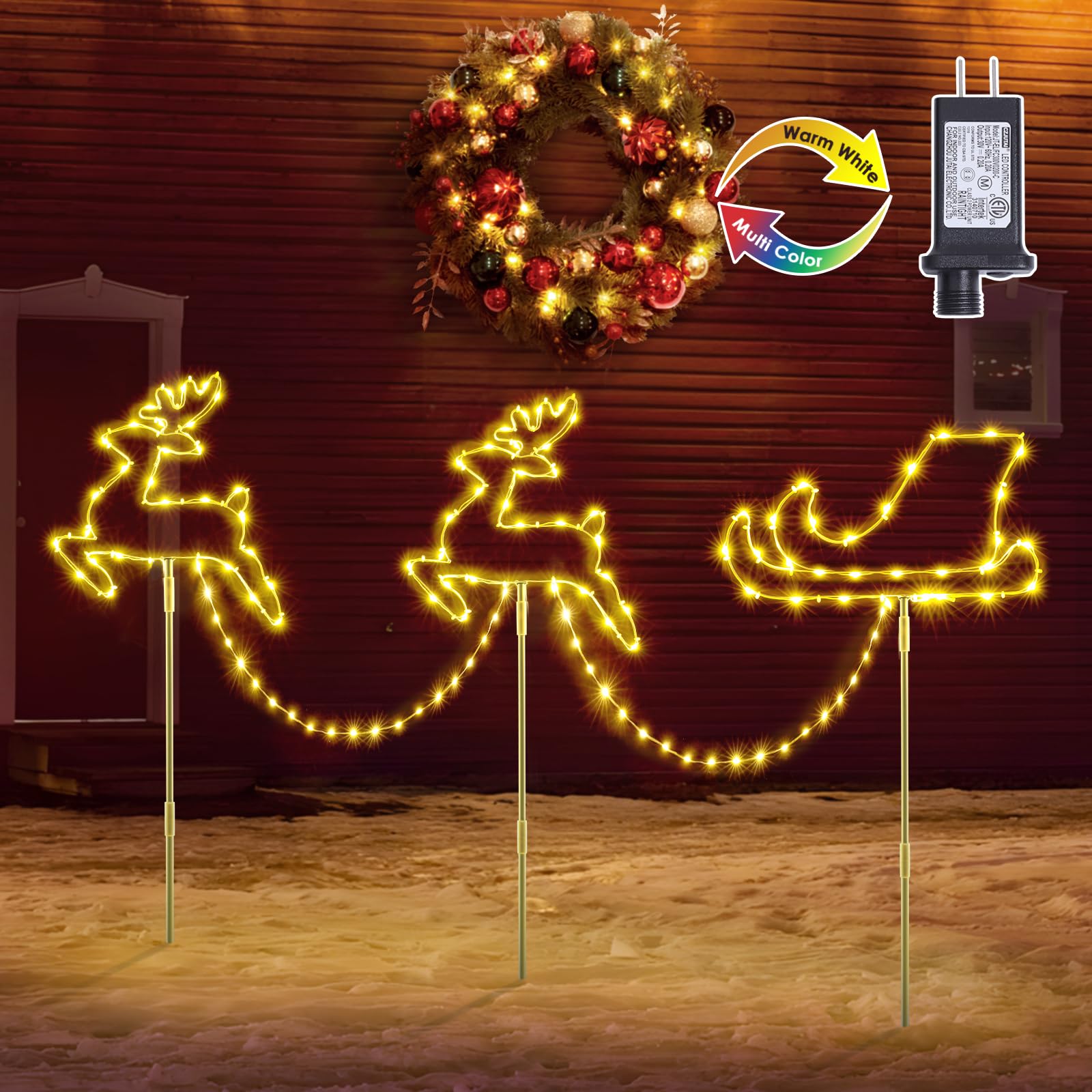 Quntis Christmas Pathway Lights Plug-in, Set of 3 Reindeer and Sleigh ...