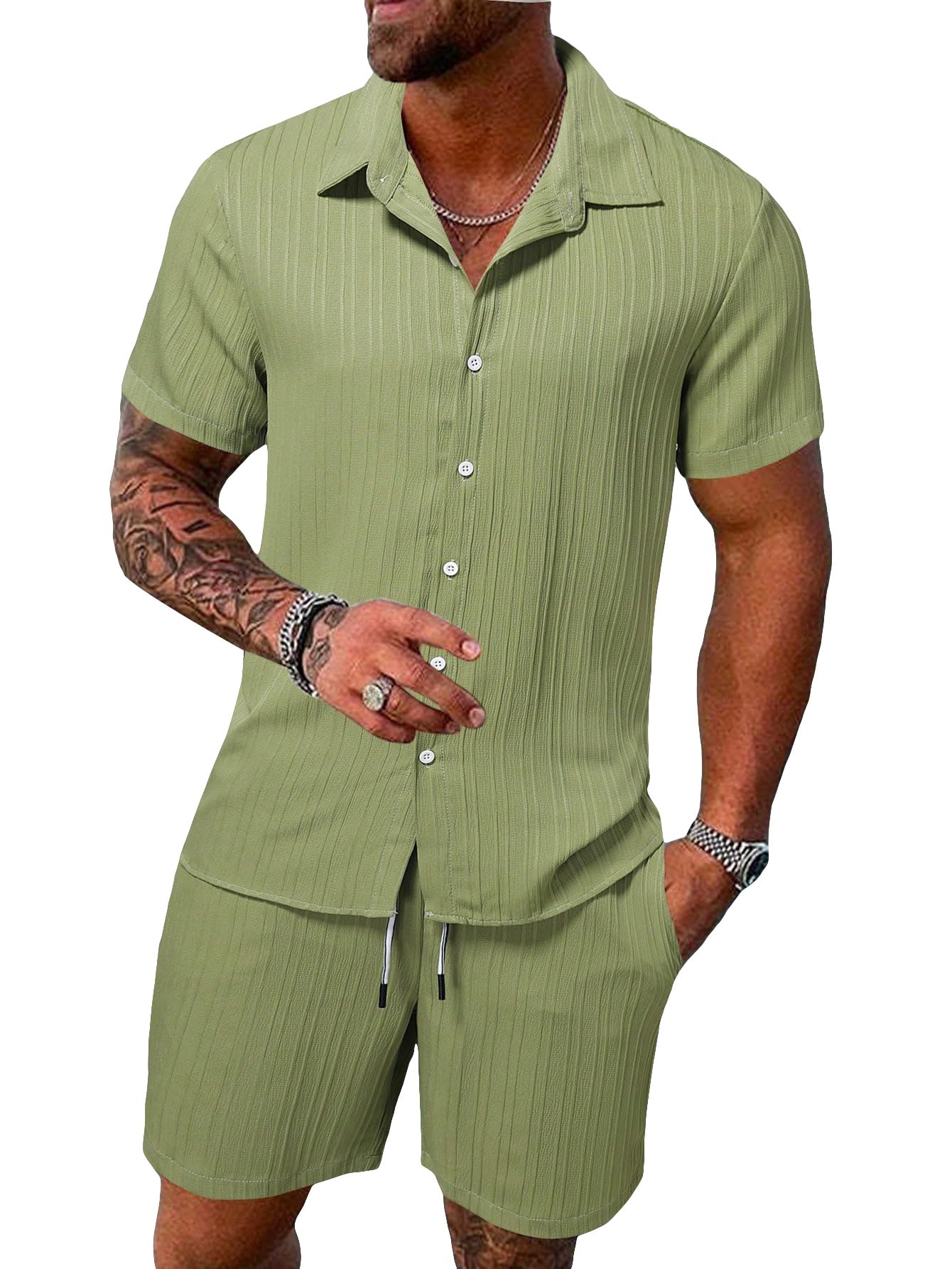 Floerns Men's Two Piece Outfit Printed Shirt Top and Drawstring Waist ...