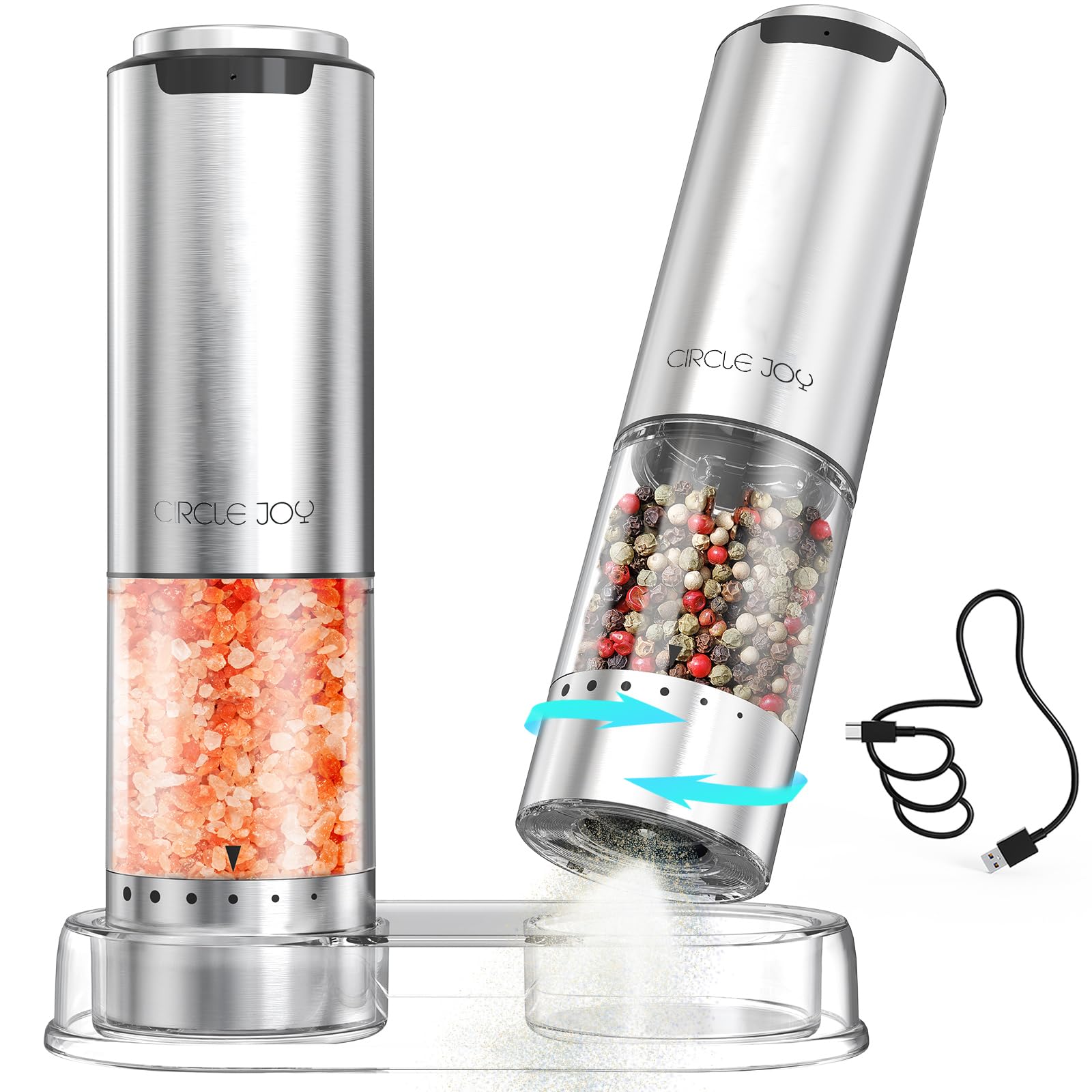 CIRCLE JOY Rechargeable Electric Salt and Pepper Grinder Set with Base, Stainless Steel Pepper ...
