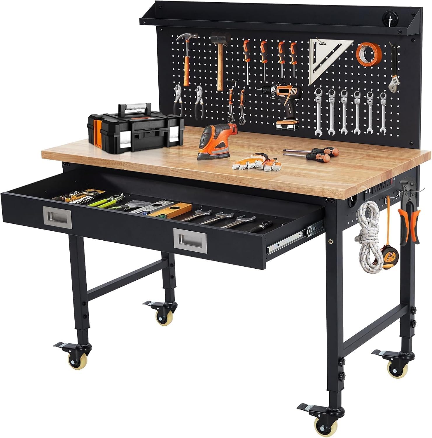Workbench 48 x 24 Adjustable Height Worktable, Heavy Duty Rubber Wood ...