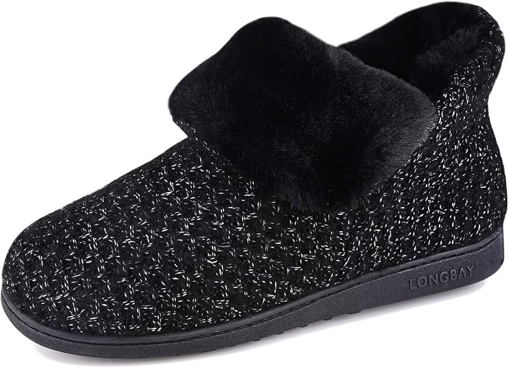 LongBay Ladies' Fluffy Boots Slippers Comfy Knit Faux Fur Lined Memory ...