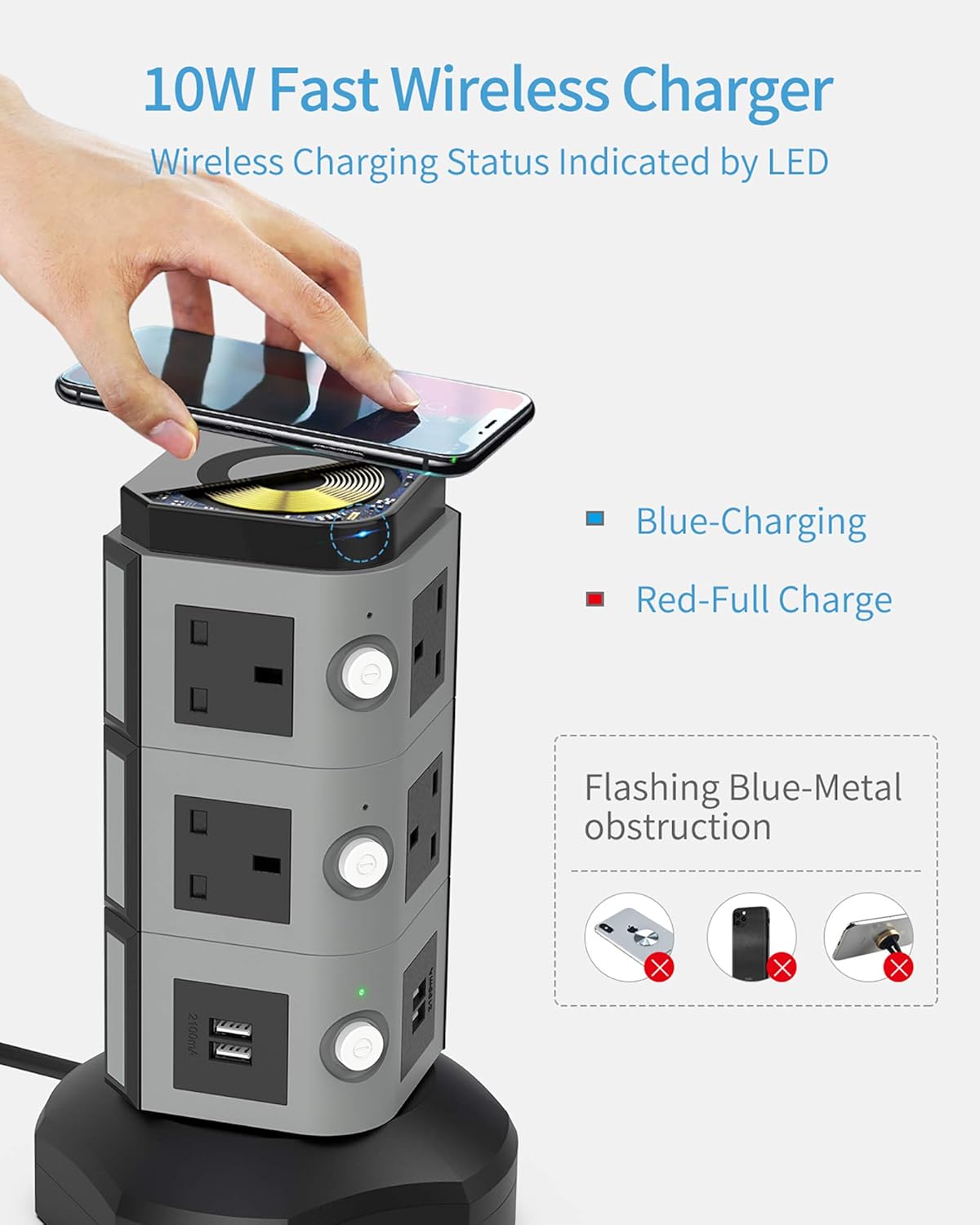 ONLYWIN 10W Wireless Power Strip Tower, Surge Protector Vertical ...
