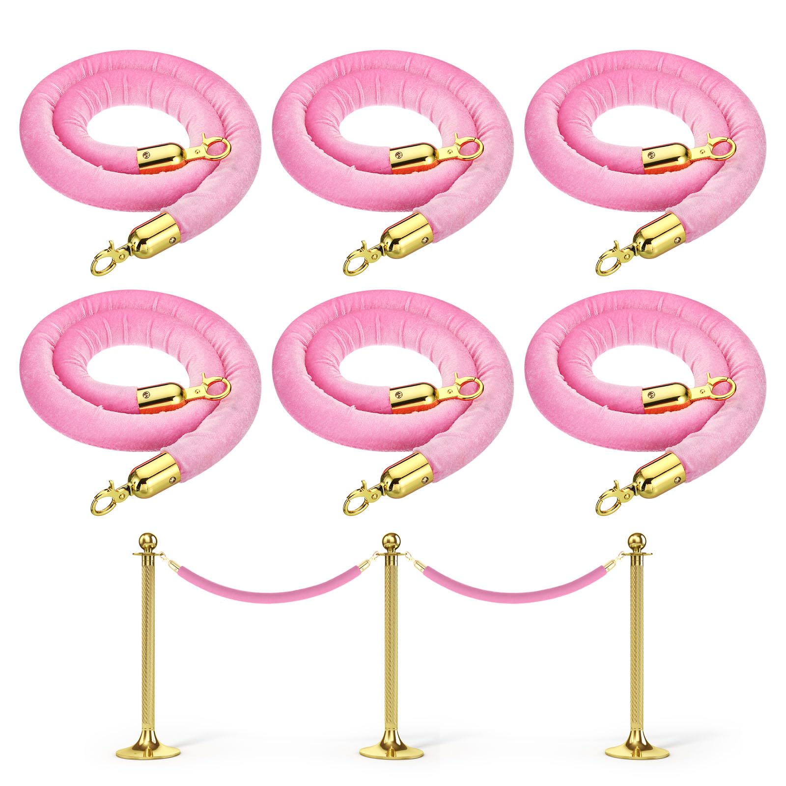 PATIKIL 4 Feet Pink Velvet Stanchion Rope, 6 Pack Crowd Control Barrier ...