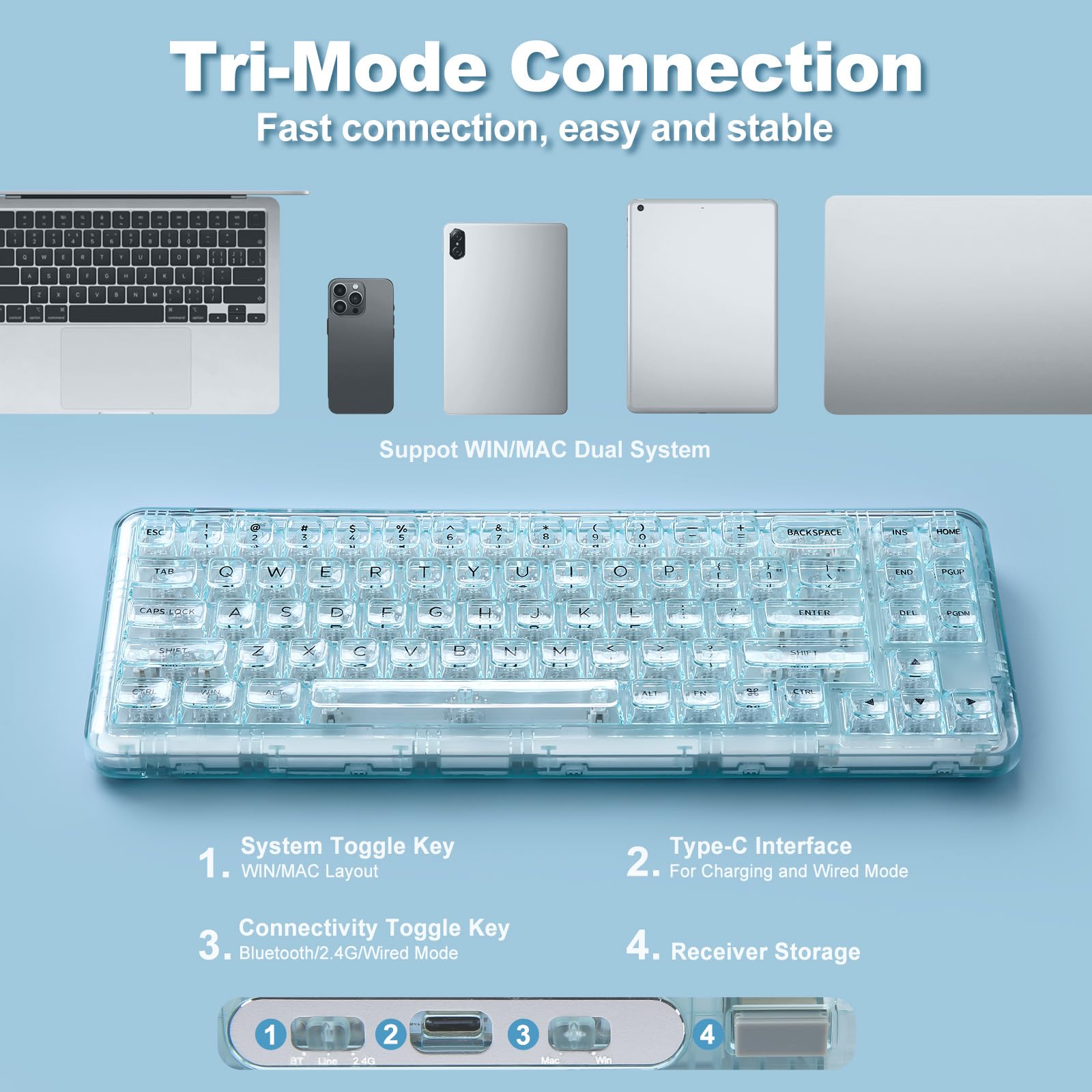 Mua YUNZII X71 Transparent Mechanical Keyboard with Clear Keycaps, BT5 ...