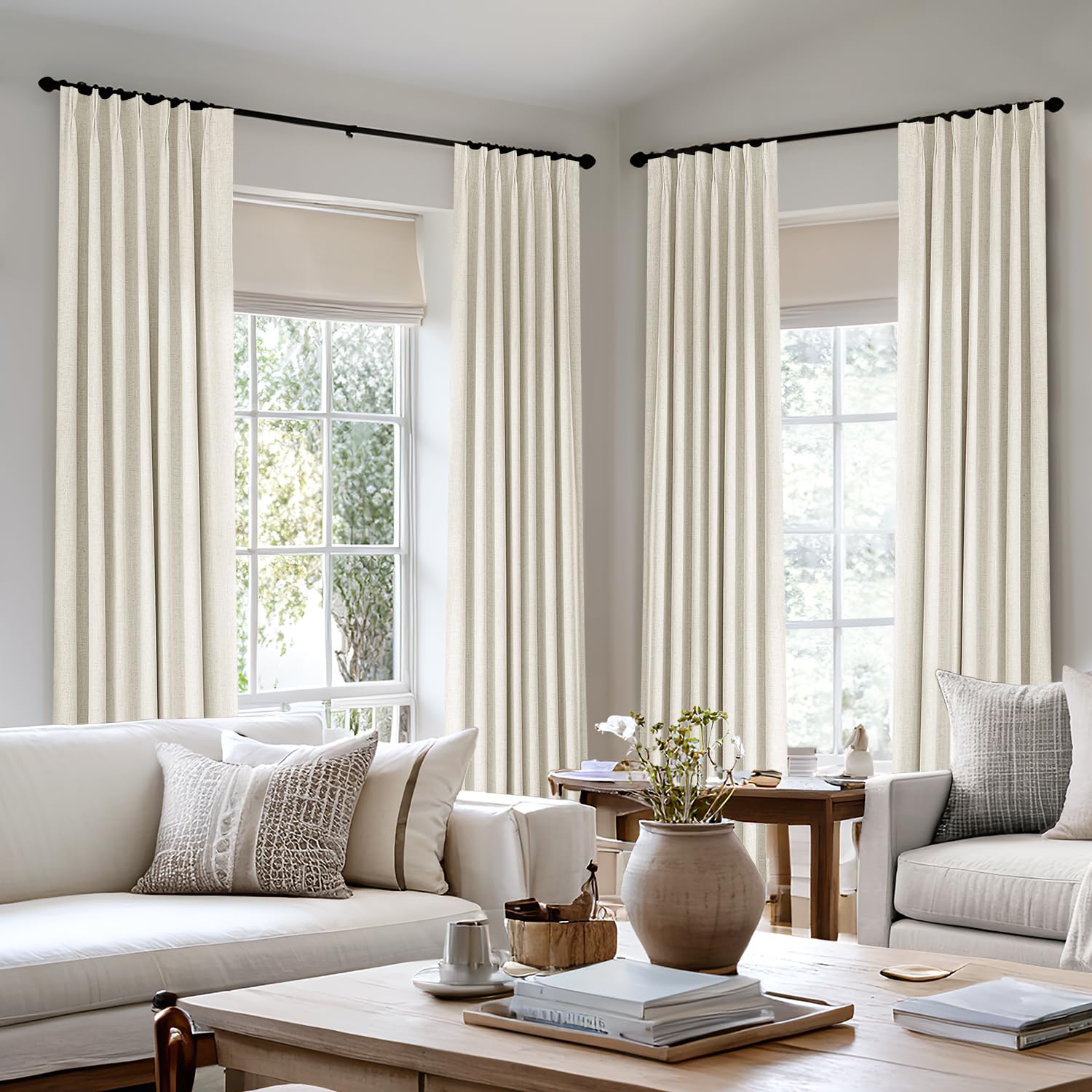 MIULEE Tan Beige Pinch Pleated 100% Blackout Linen Curtains for Bedroom ...