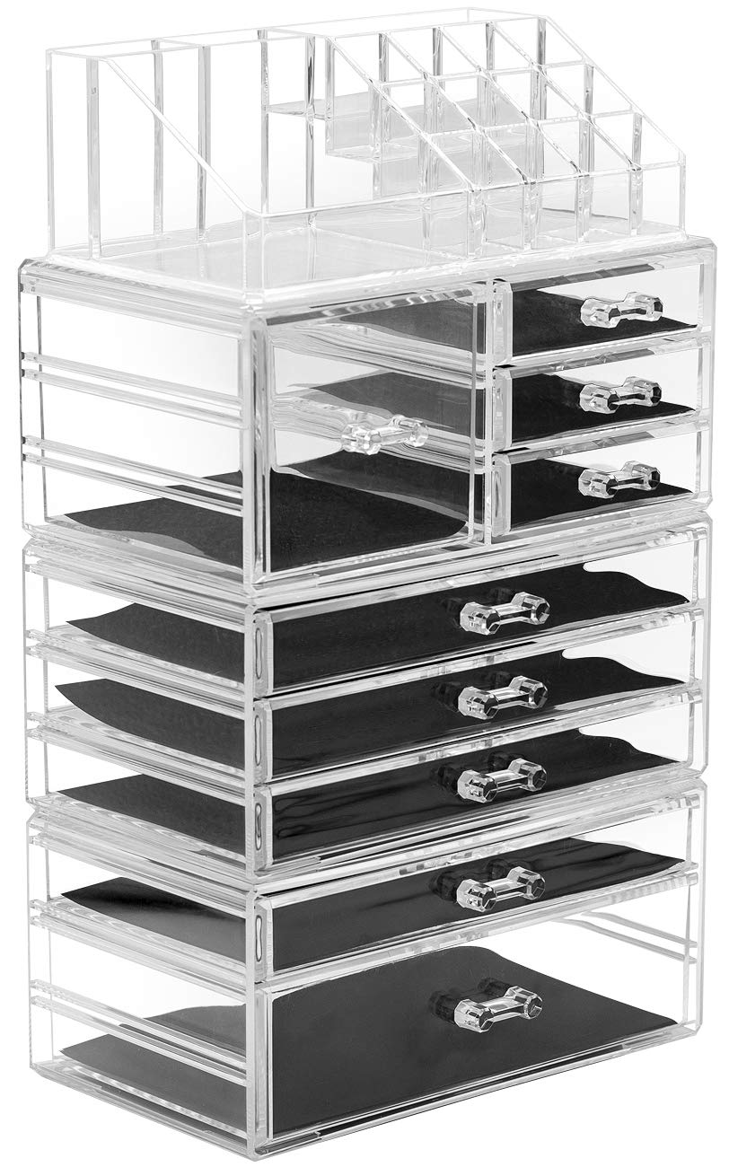 Sorbus Large Clear Makeup Organizer - Detachable 4-Piece Jewelry & Make ...