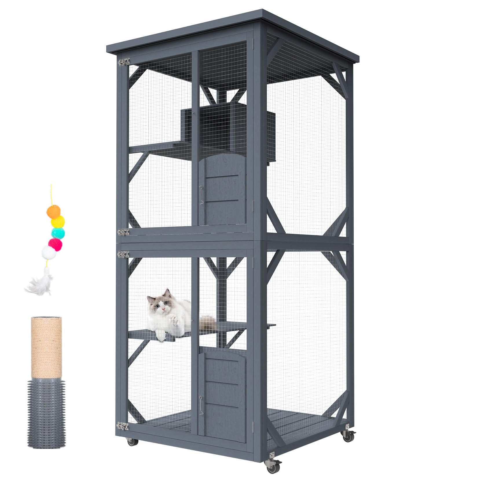 PETVILLE Catio Outdoor Cat House, Wooden Large Enclosure with Run on ...