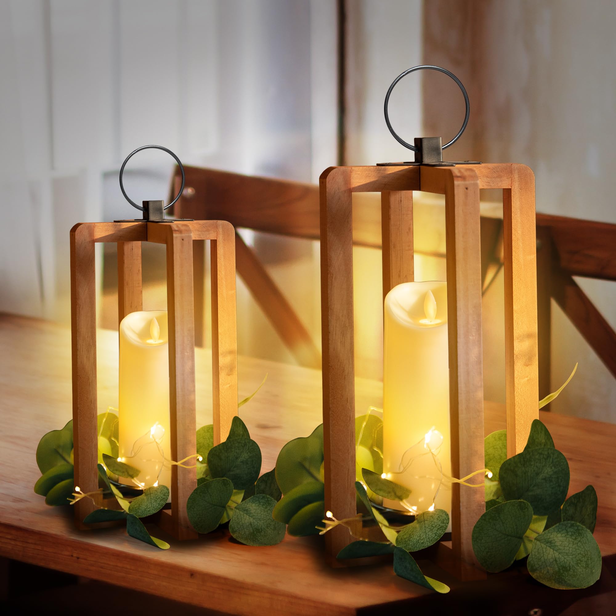HPC DECOR 2 PCS Modern Farmhouse Lantern Decor, Rustic Wooden Lanterns ...