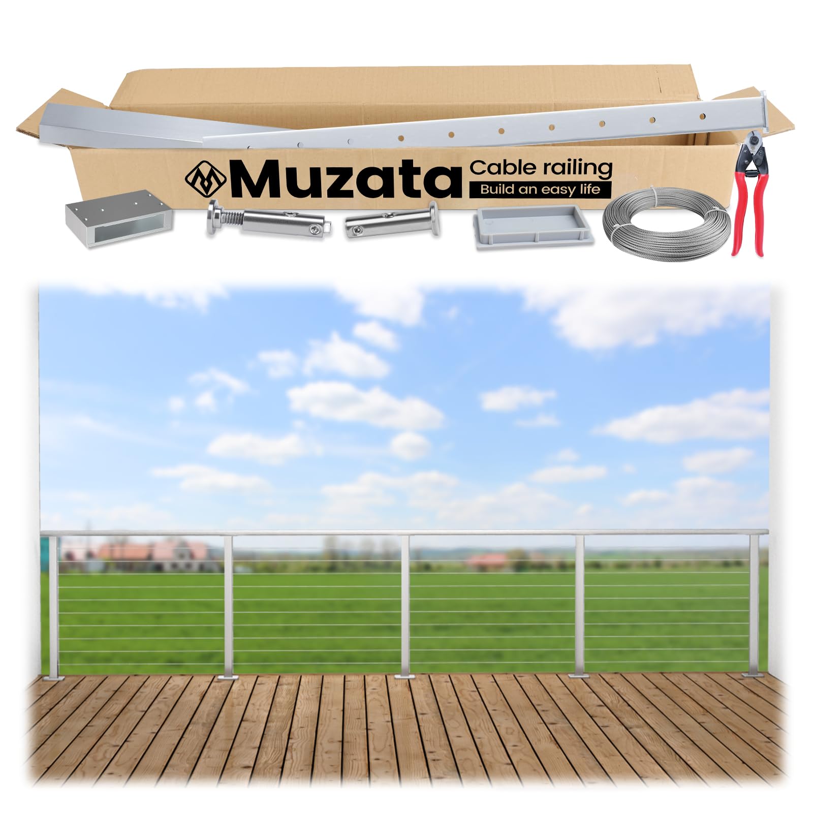Muzata 6'6"-13' Complete Set Cable Railing System 36" Brushed Stainless ...