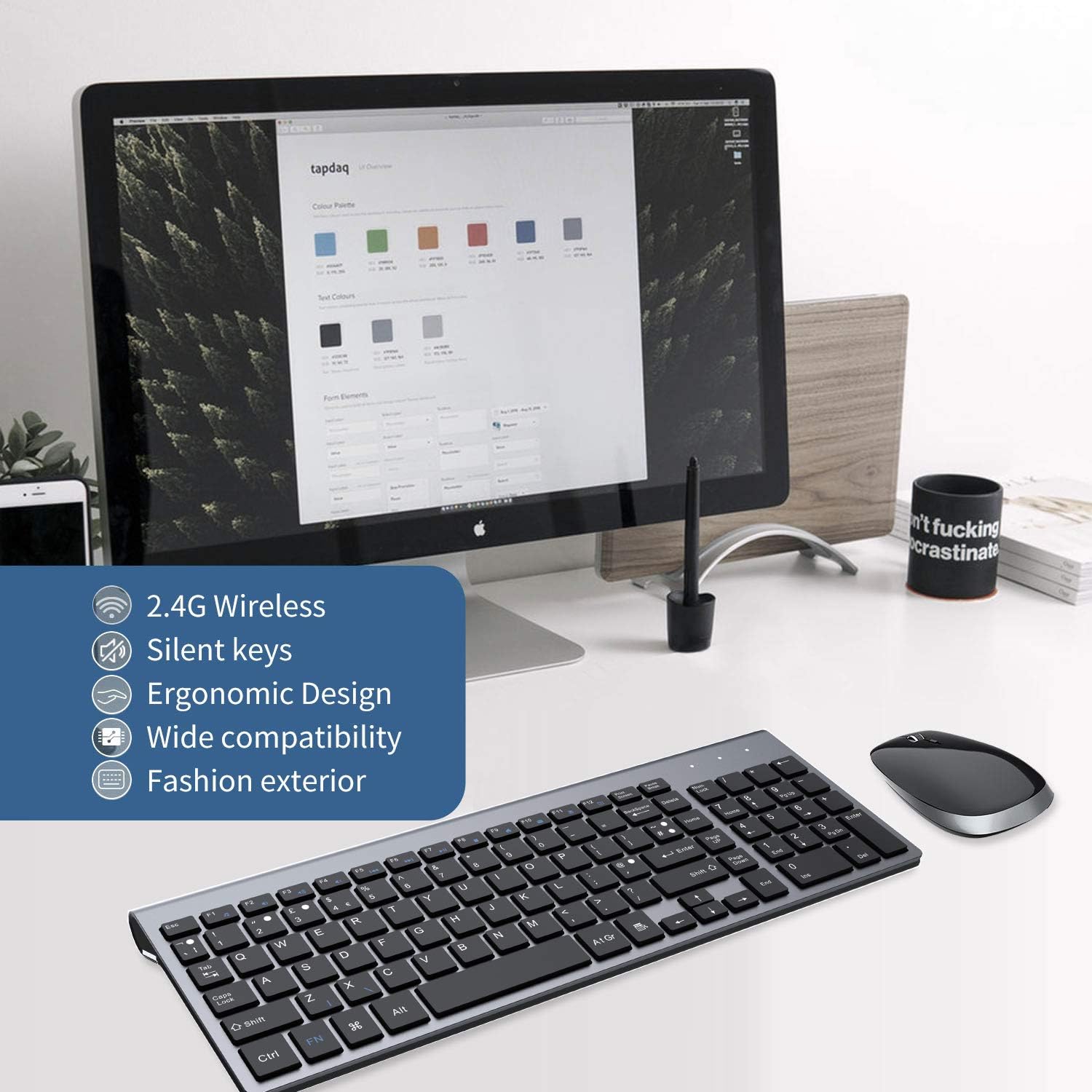 FENIFOX Wireless Keyboard & Mouse,2.4G USB Slim QWERTY UK Compact Quiet ...