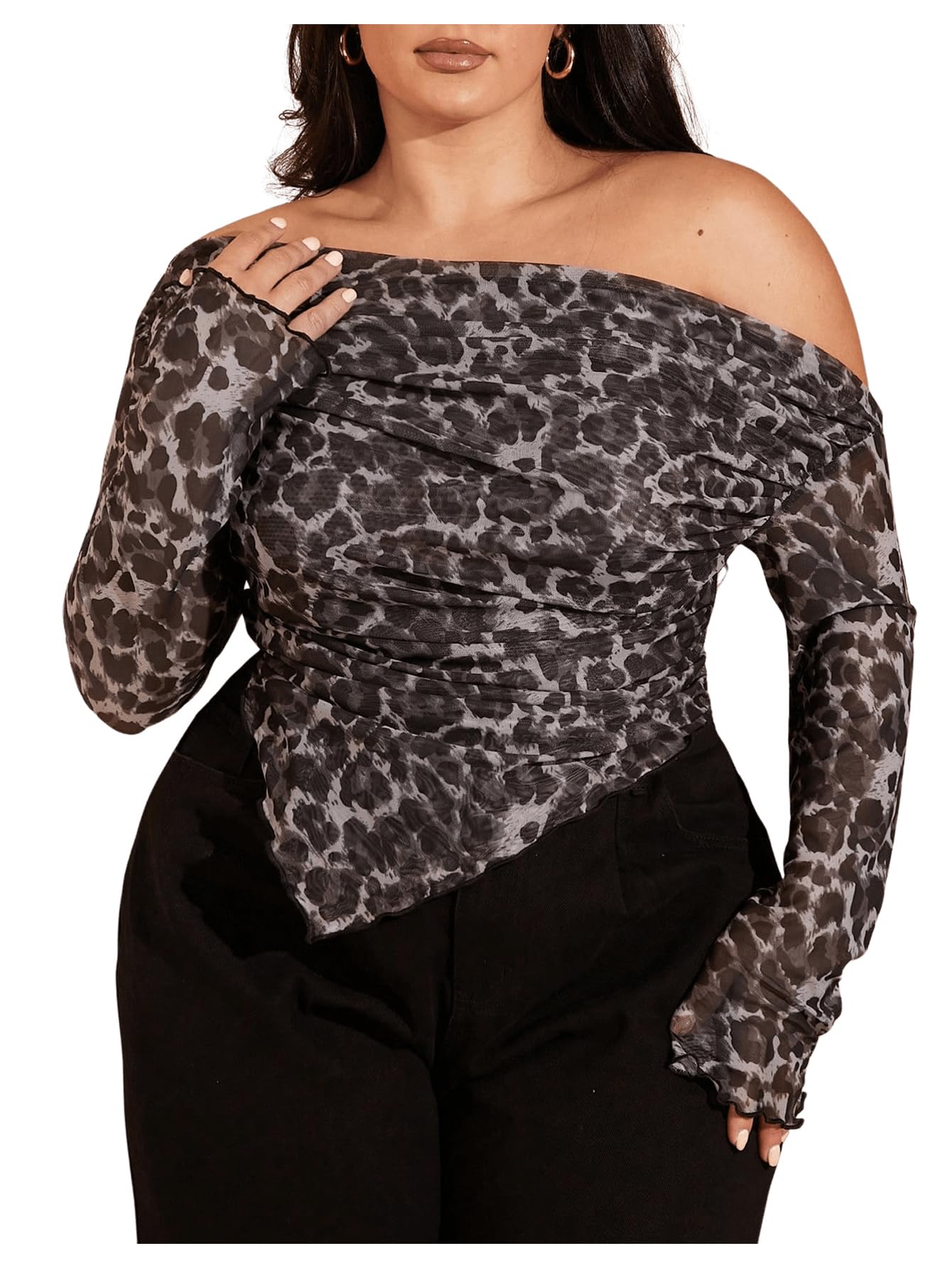 WDIRARA Women's Plus Size Leopard Print T Shirt One Shoulder Long Bell ...