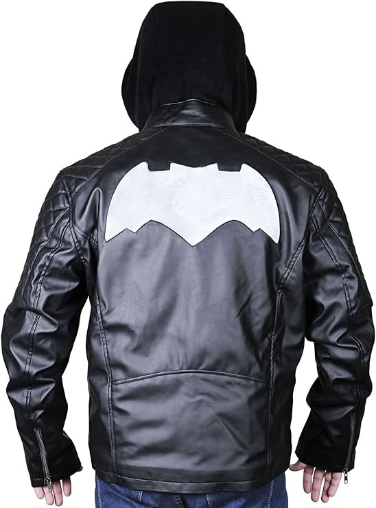 Red Smoke White Bat Logo Hooded Men's Leather Quilted Jacket: Amazon.co ...