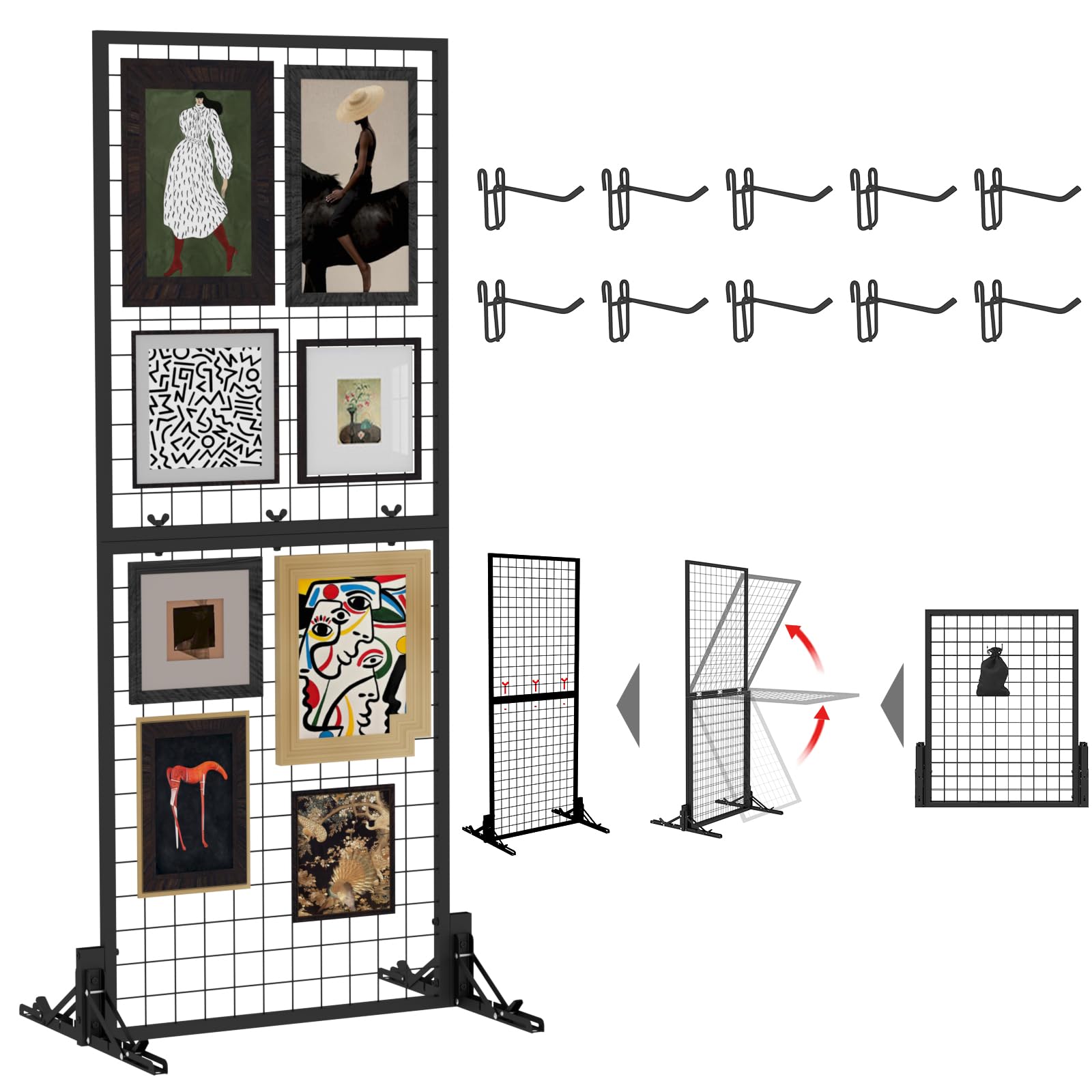 Grid Wall Display Panel Heavy-Duty Foldable, 2ft x 6ft Black Wire Wall ...