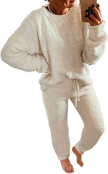 Women's 2 Pieces Set Solid Color Sherpa Fleece Crewneck Long Sleeve ...