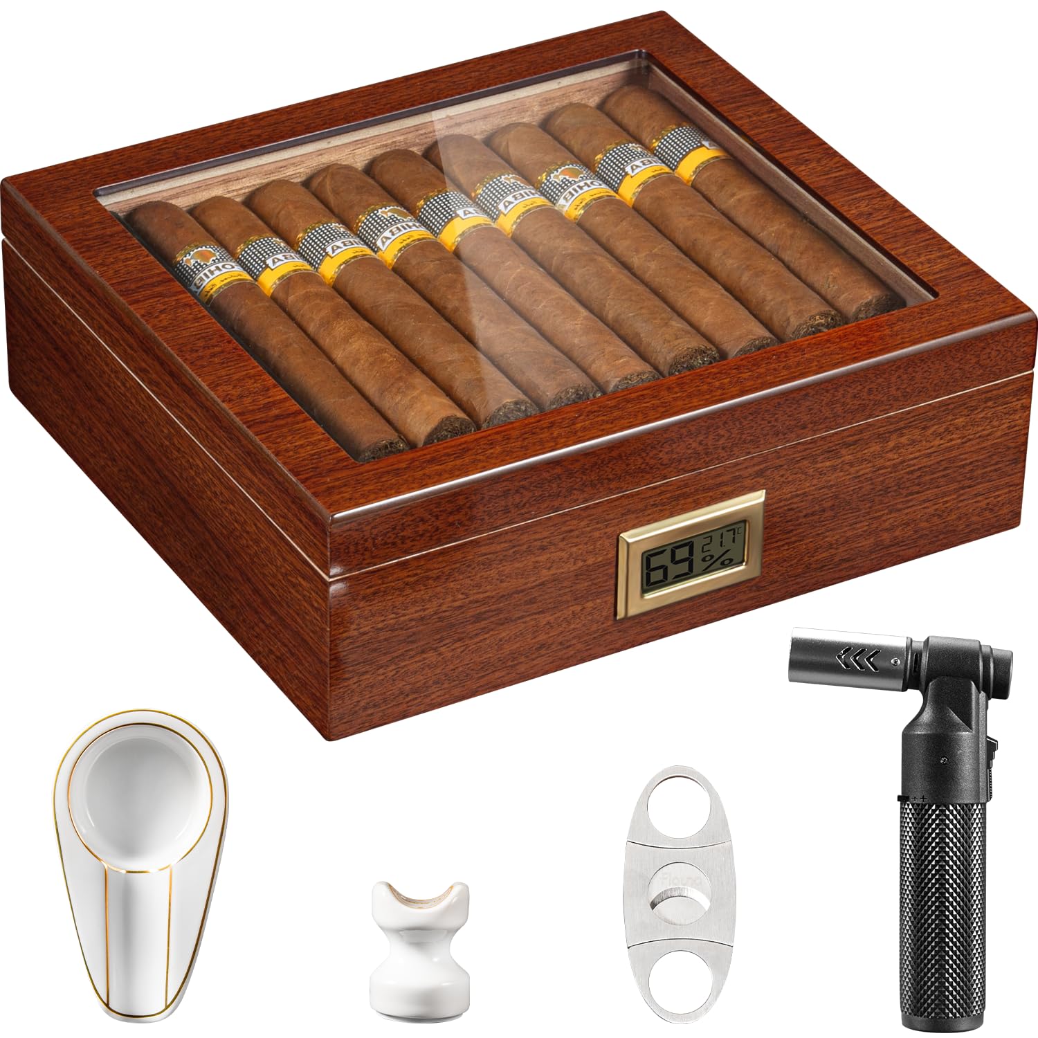 Flauno Cedar Cigar Humidor Set, Includes Torch Lighter, Ashtray, Cutter ...