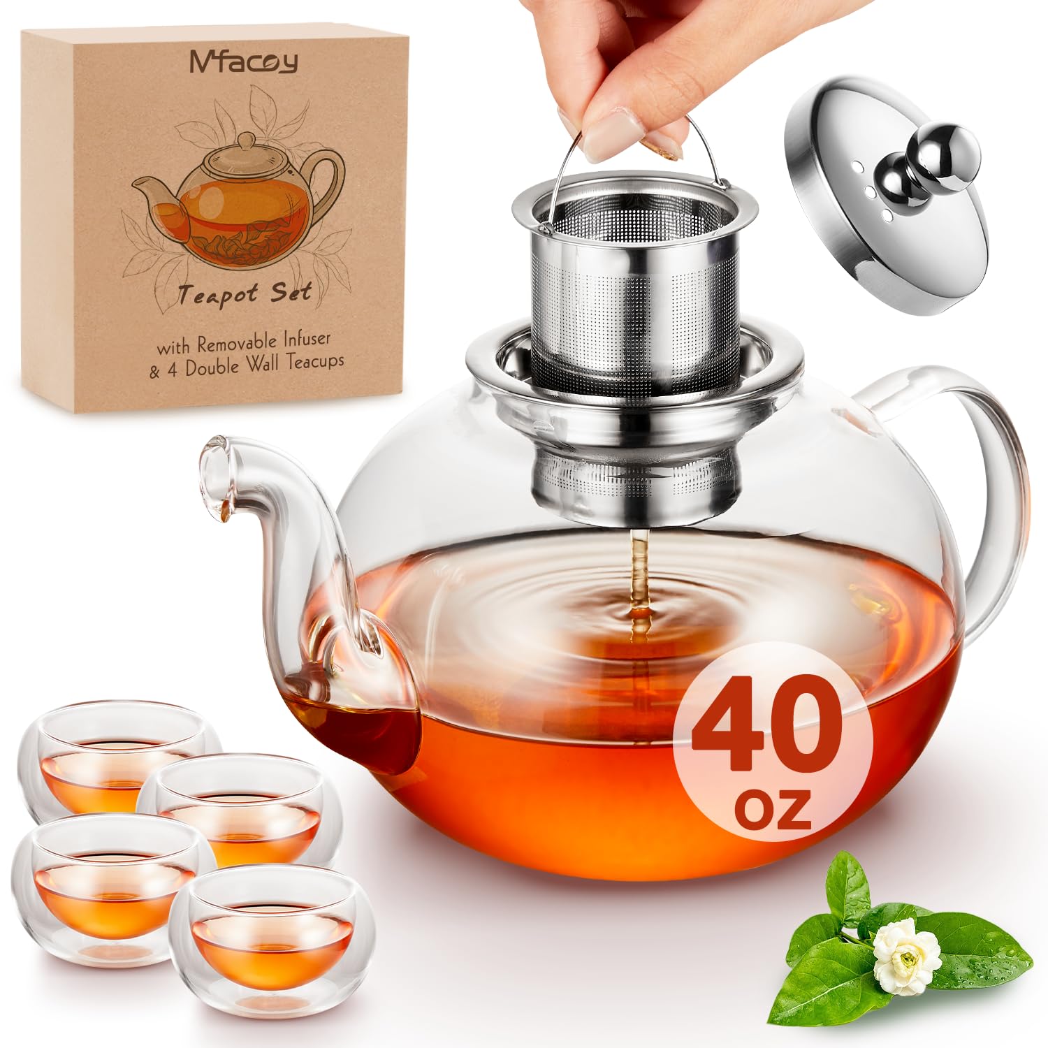 Large Glass Teapot Set, TeaPot (40 OZ/1200ml) with 4 Double Wall ...