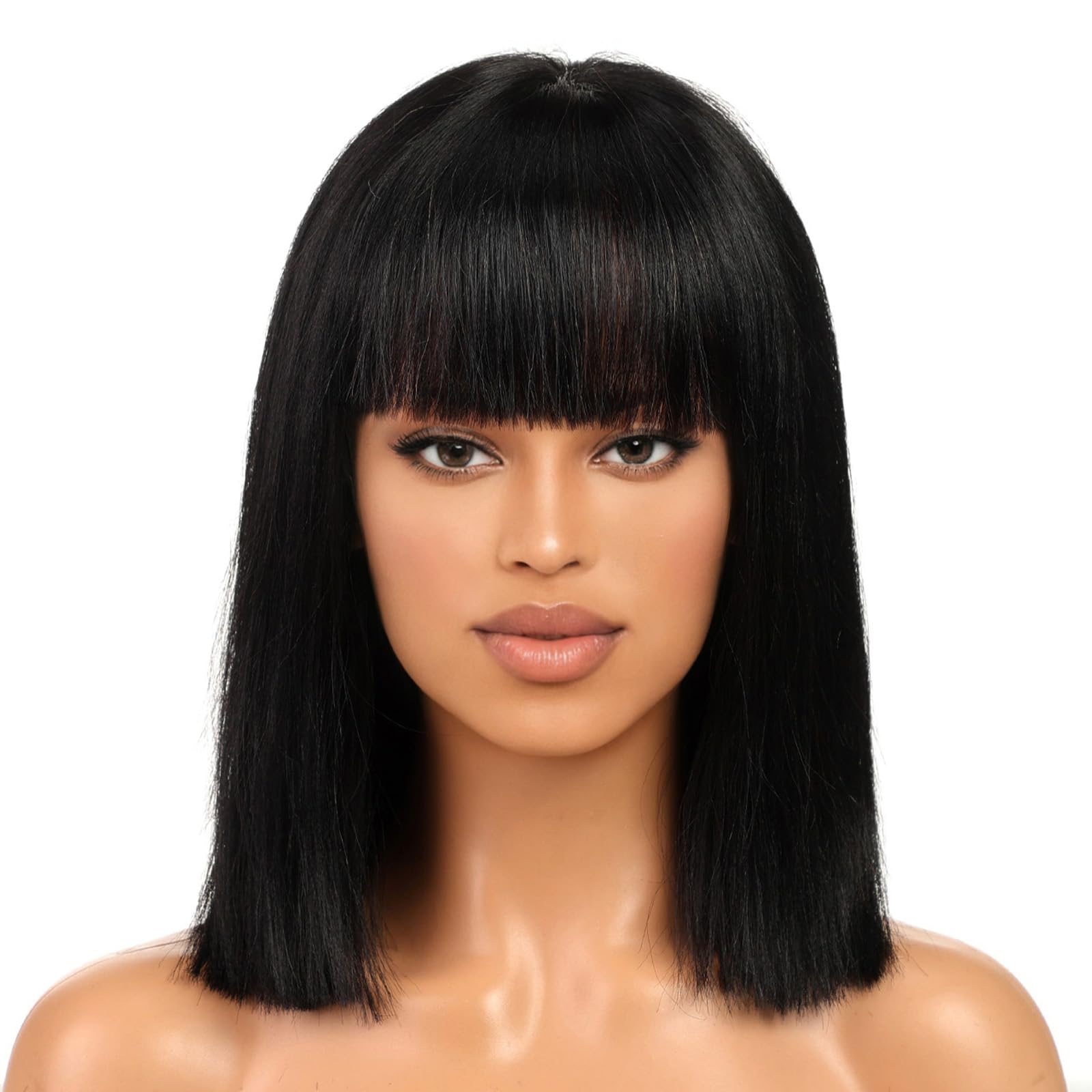 ELLORS 12 Inch Bob Wig with Bangs for Women Yaki Straight, Short ...