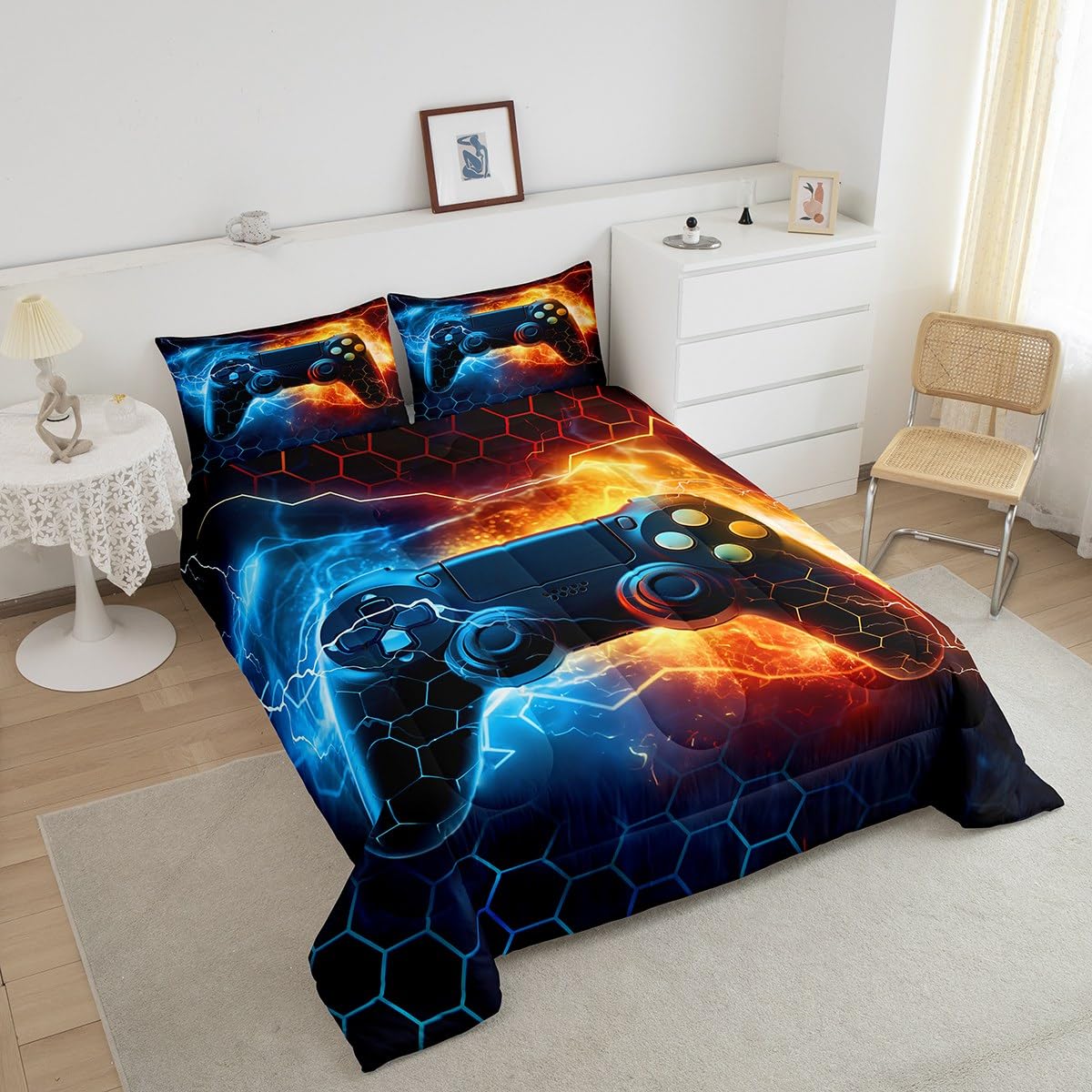 Boys Blue Red Gamer Comforter Set Full Size, Honeycomb Gaming Comforter ...