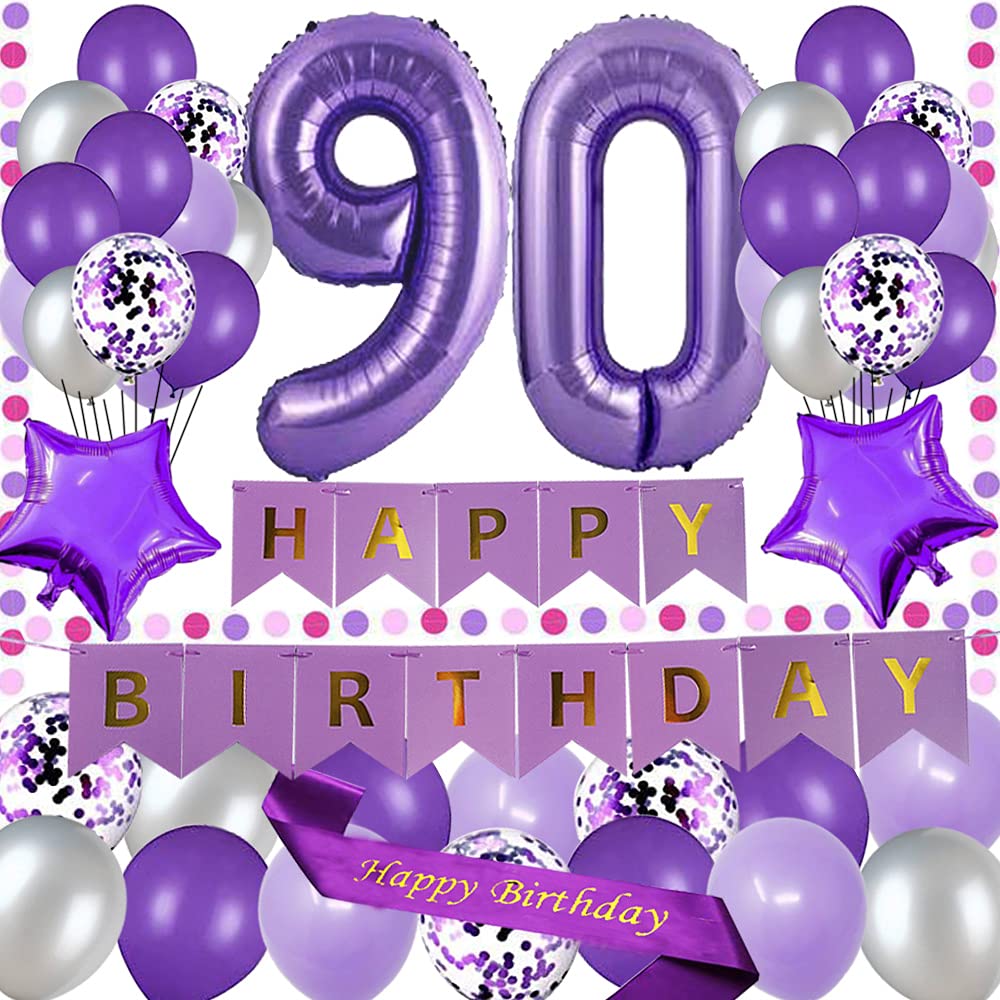 yujiaonly 90th Birthday Party Decorations Purple Happy Birthday Banner ...
