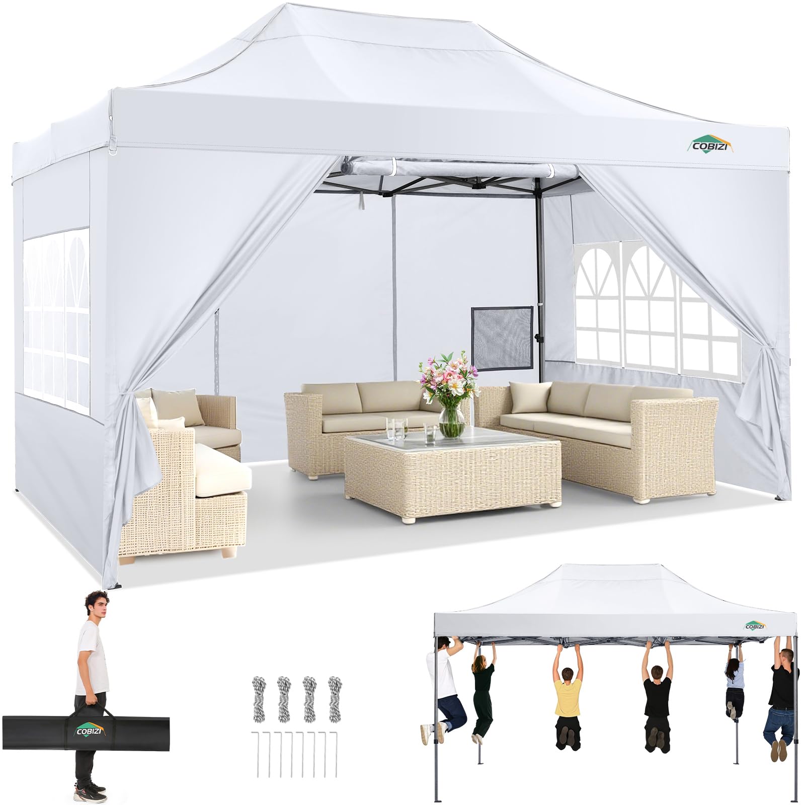 COBIZI 10x15 Pop up Canopy Heavy Duty with 4 Sidewalls, Easy Set-up ...