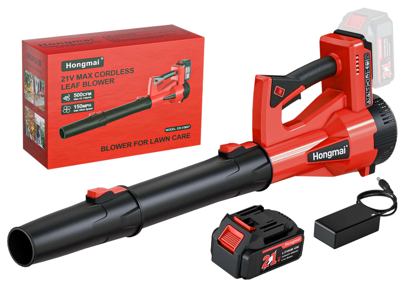 Hongmai Leaf Blower Cordless, 500 CFM 21V Electric Cordless Leaf Blower ...