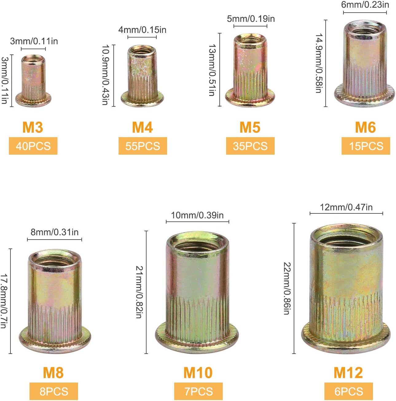 166 Pieces Rivet Nuts Assortment M3 M4 M5 M6 M8 M10, Head Threaded ...