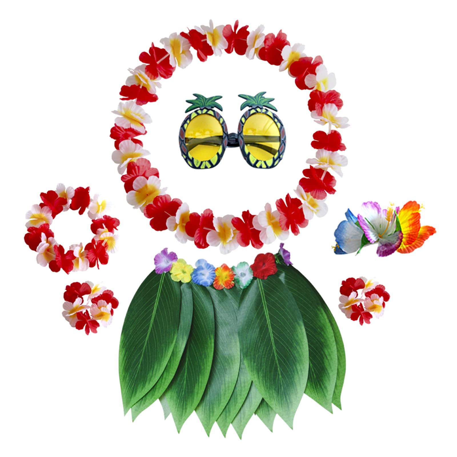 PHOGARY 7 Pack Hawaiian Flower Leaf Hula Skirt Costume Accessory Kit ...