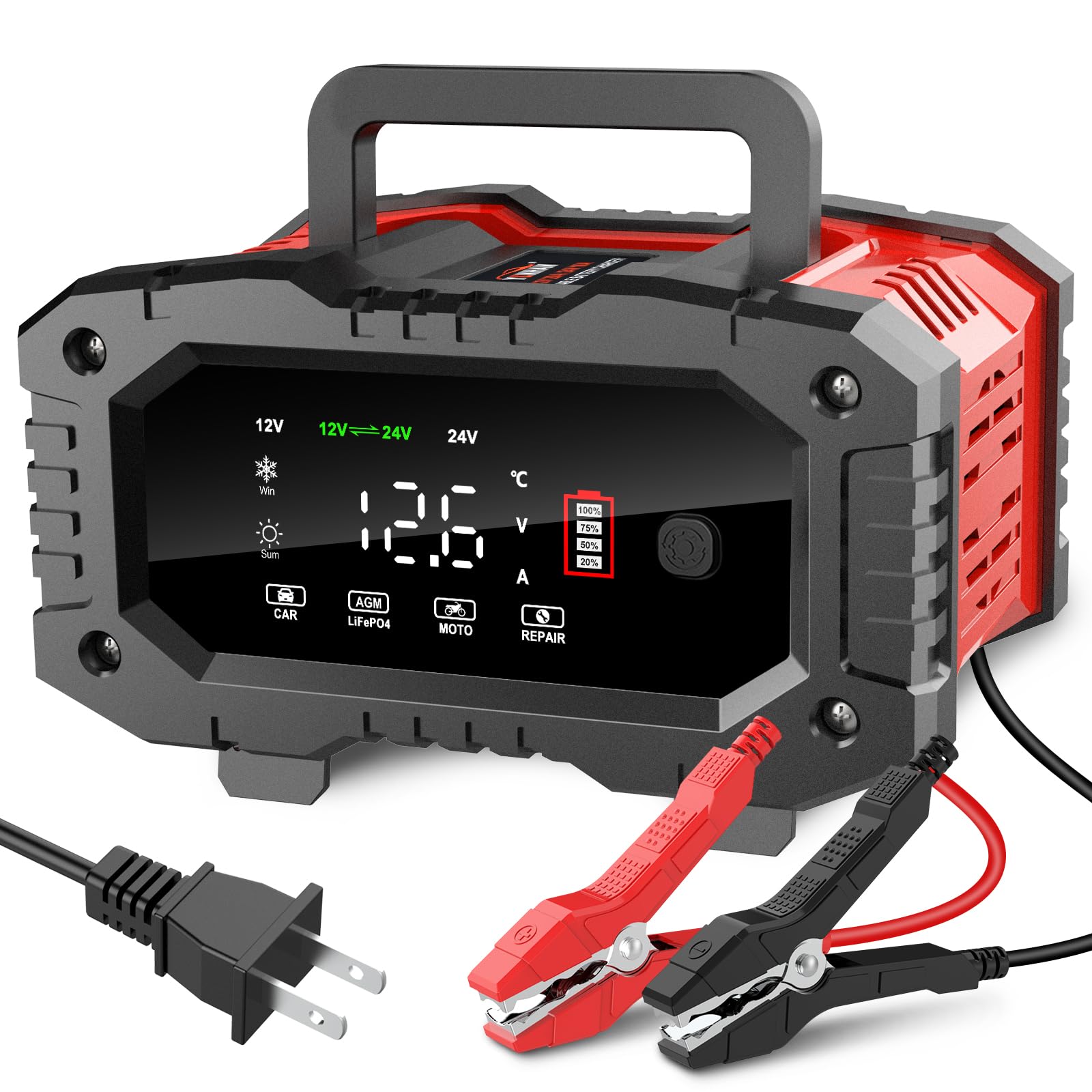 YONHAN 20-Amp Battery Charger, 12V 24V LiFePO4 Lead Acid Portable Car ...