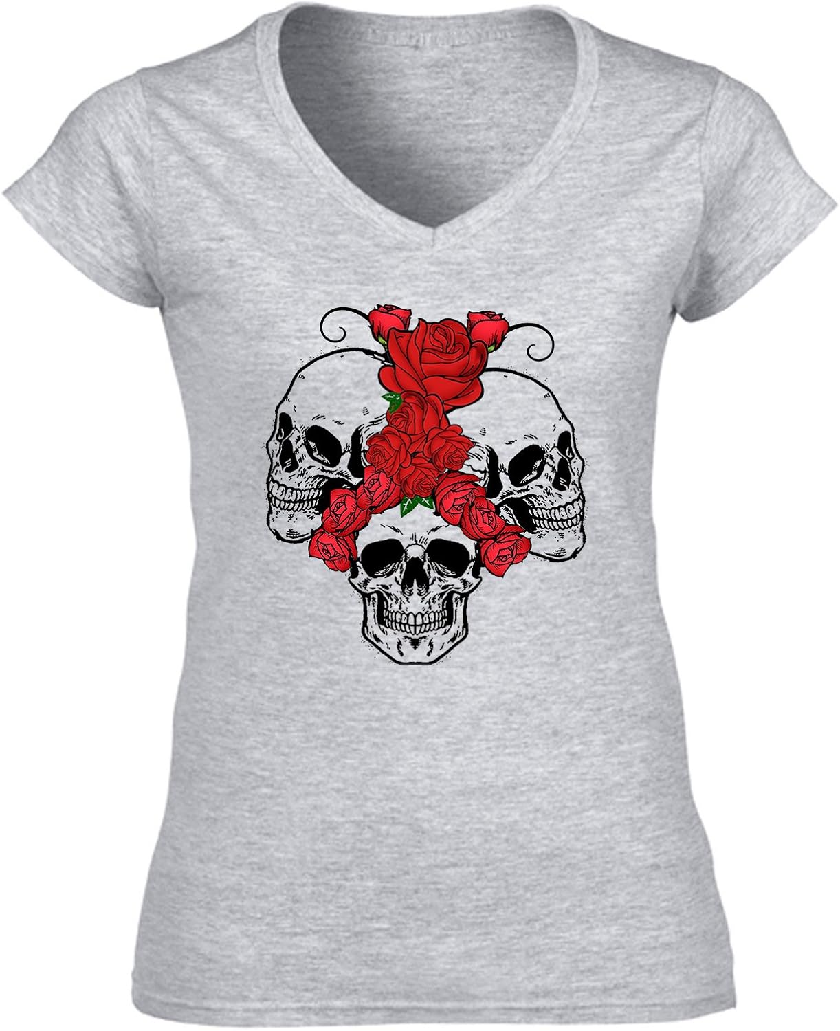 Teesquare1st Women's SKULL SKULLS ROSES 3 Grey T-Shirt : Amazon.co.uk ...
