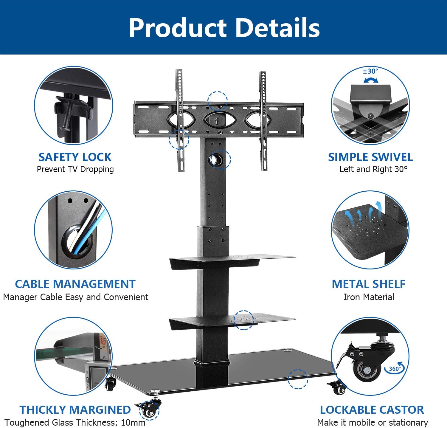 RFIVER Mobile TV Stand on wheels with 3 Shelves for 32-65 inch Flat ...