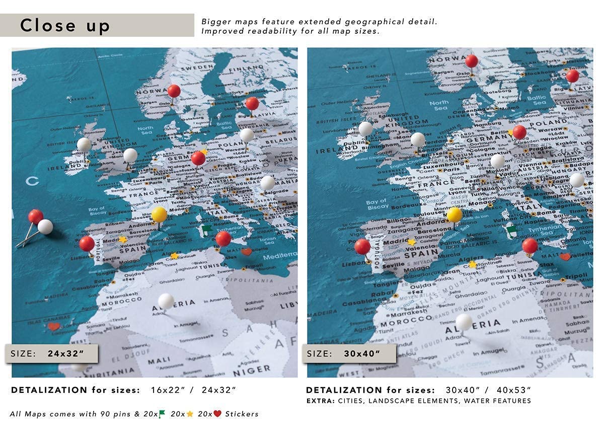 Push Pin Wall Map Framed | Personalized World Map with Pins | Large ...