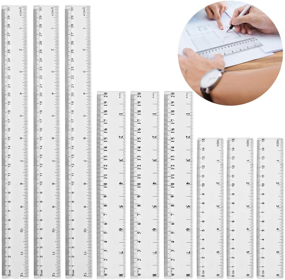 Ziyero 9 Pcs Double Sided Straight Ruler Transparent Hard Plastic Ruler ...