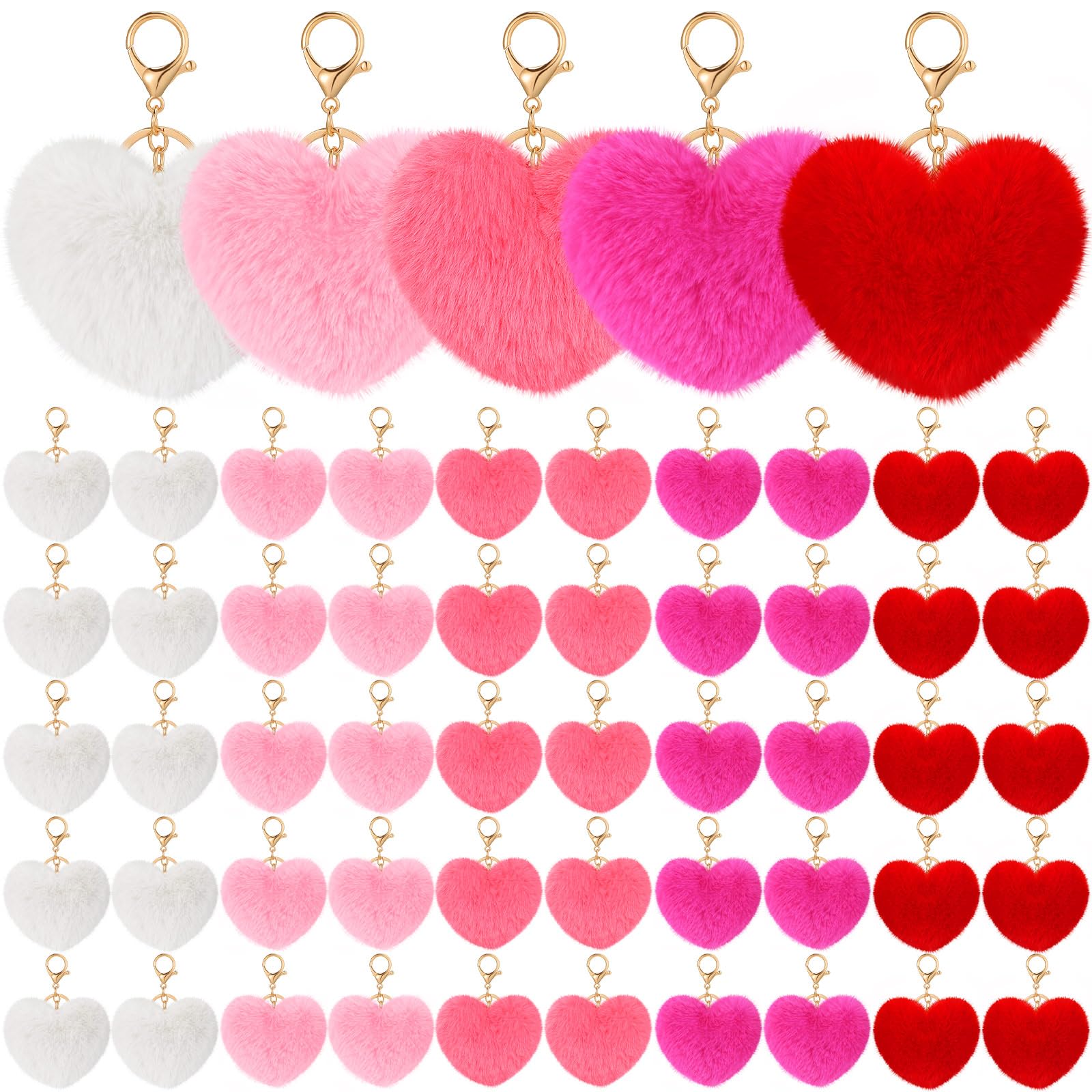 Ferreve 50 Pcs Valentine's Day Heart Pom Poms Keychain Fluffy Heart ...