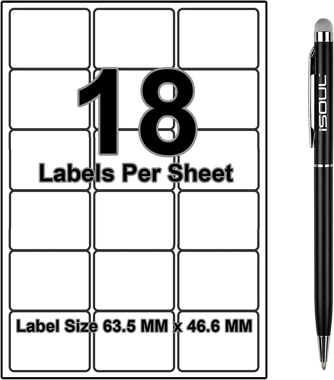 18 Per Page/Sheet, 50 Sheets (900 Sticky Label), iSOUL White Blank Matt ...