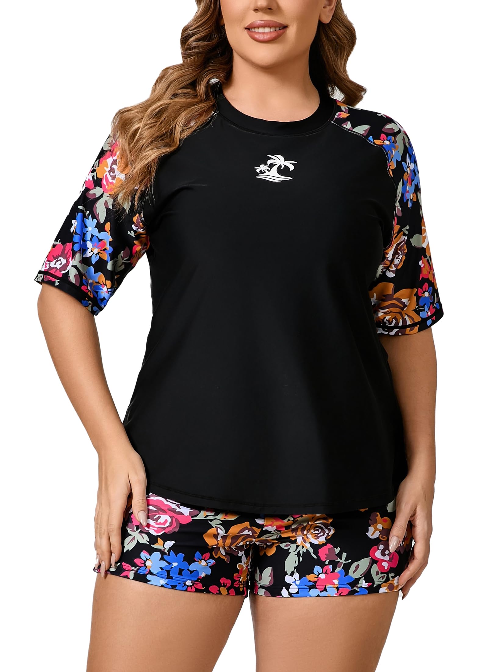 JOYBIK Women's Plus Size Two Piece Short Sleeve Rash Guard Sets with ...