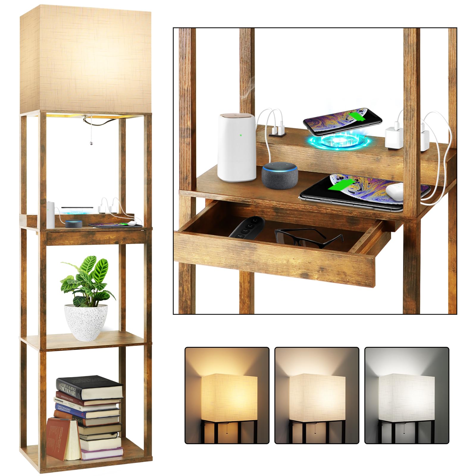 RUNTOP Floor Lamp with Shelves, Plus Shelf Lamp with Wireless Charger ...