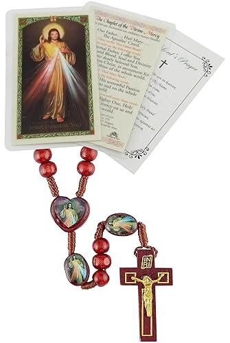 Divine Mercy Chaplet - Prayer Card, Divine Mercy Rosary with Red Wooden ...